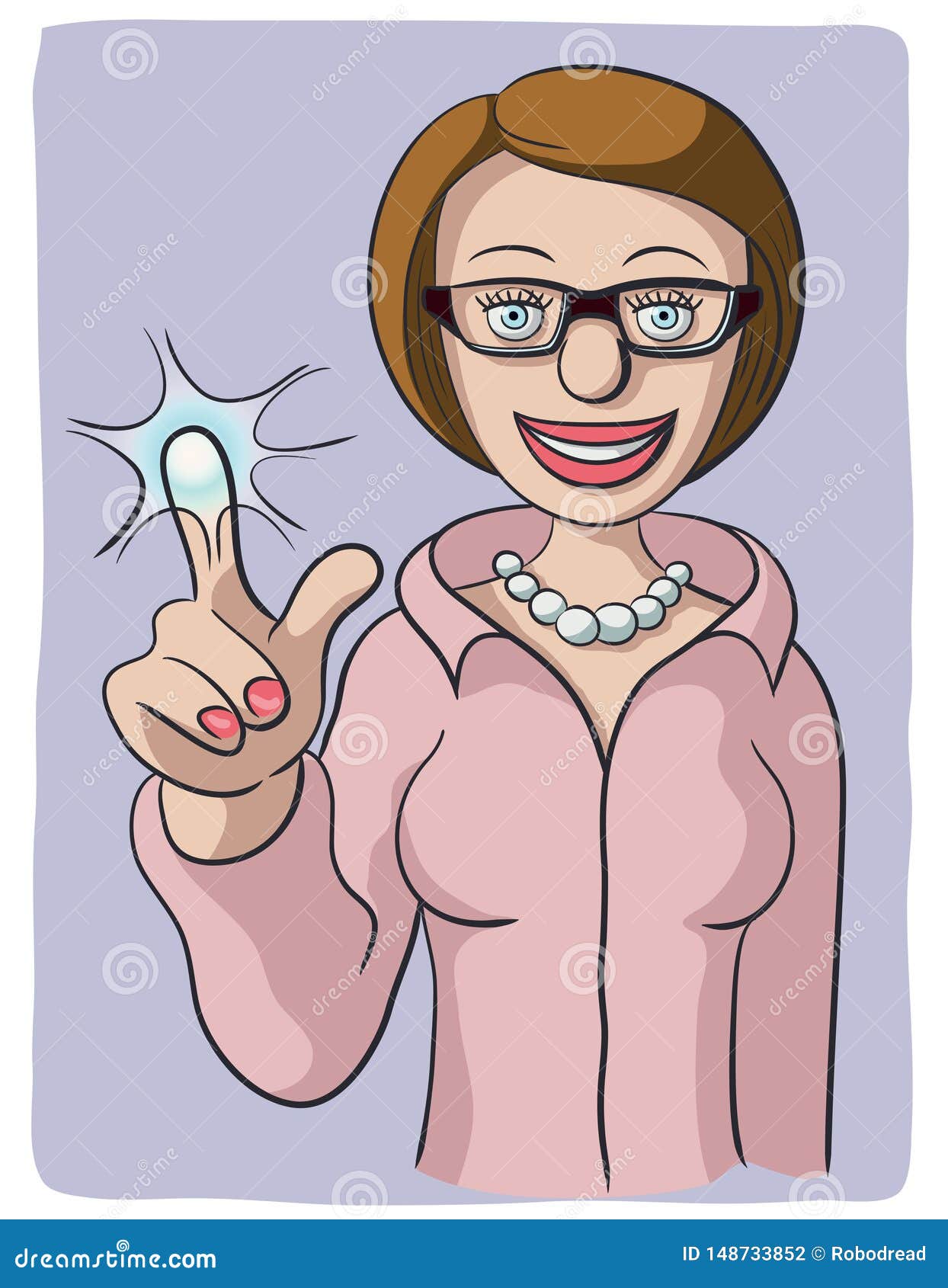 Drawing of a Woman Touching a Screen with One Hand Stock Vector ...