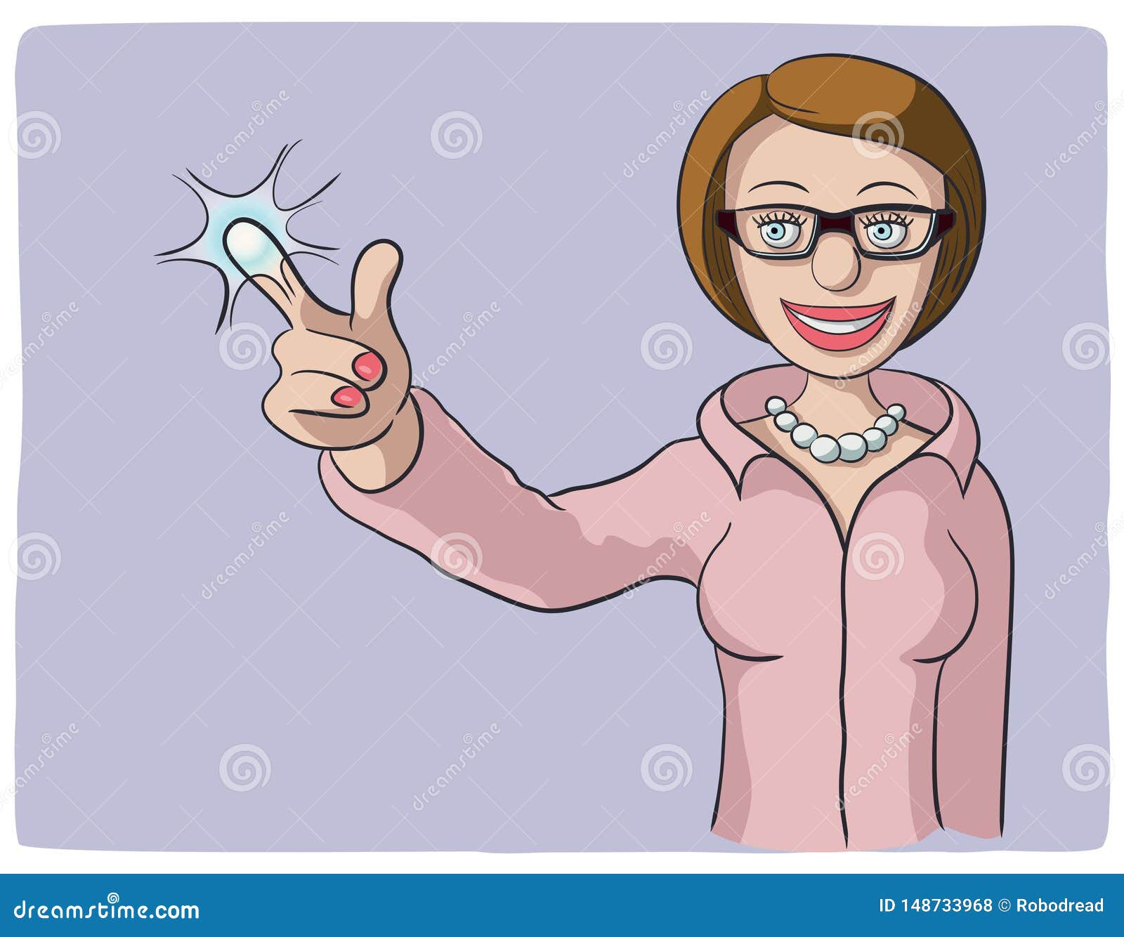 Drawing of a Woman Touching a Screen with One Hand Stock Vector ...