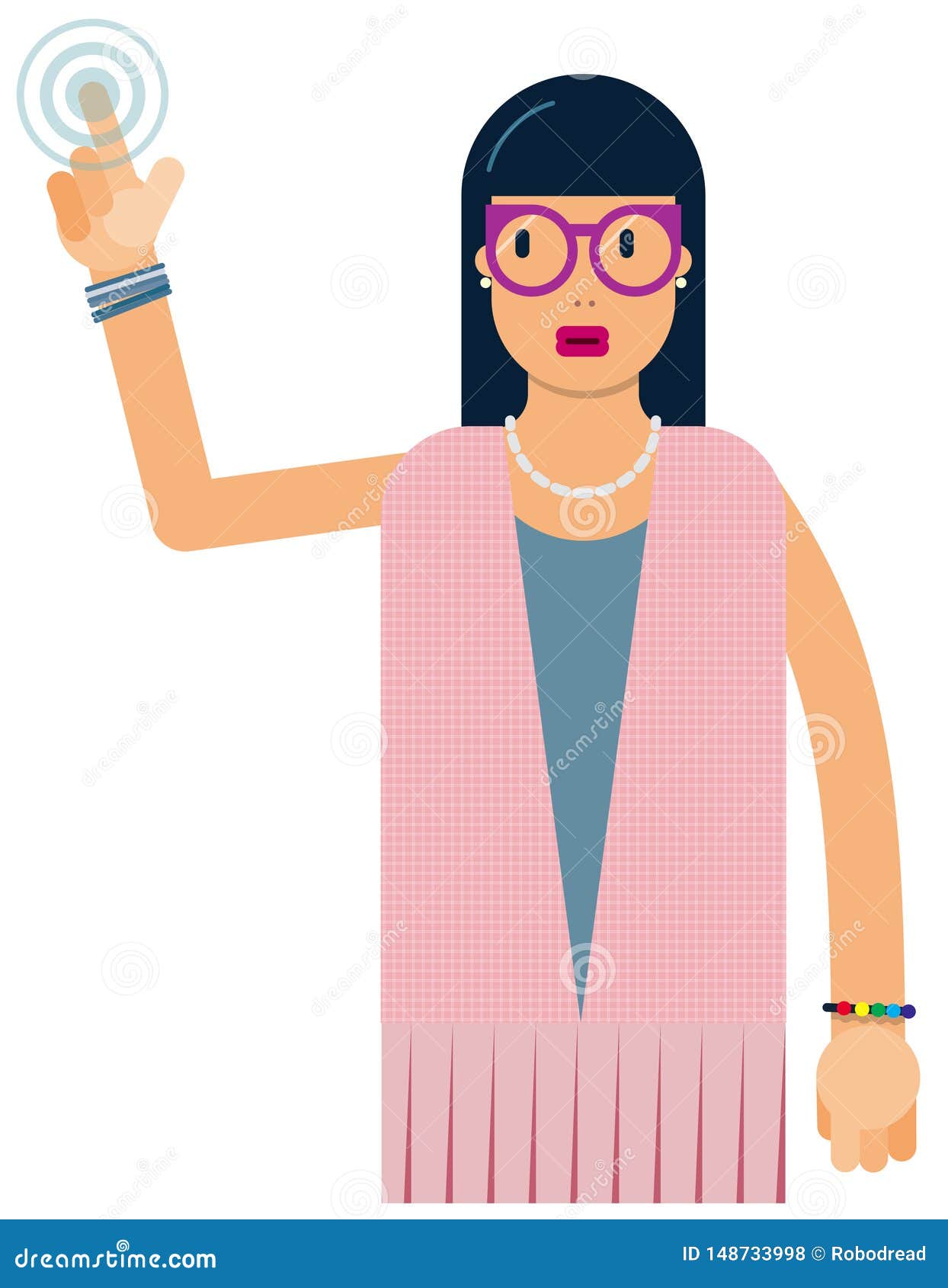 Drawing of a Woman Touching a Screen with One Hand Stock Vector ...