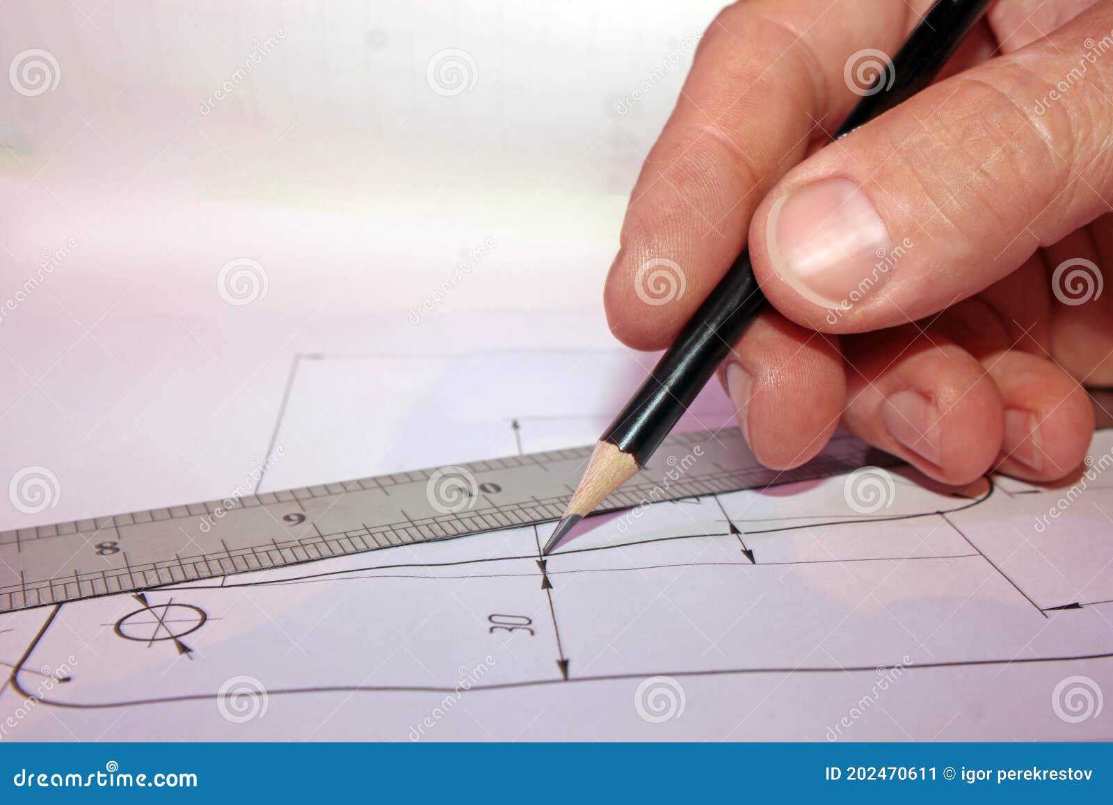 Drawing and Work, Ruler and Pencil in the Hands of an Engineer at the ...