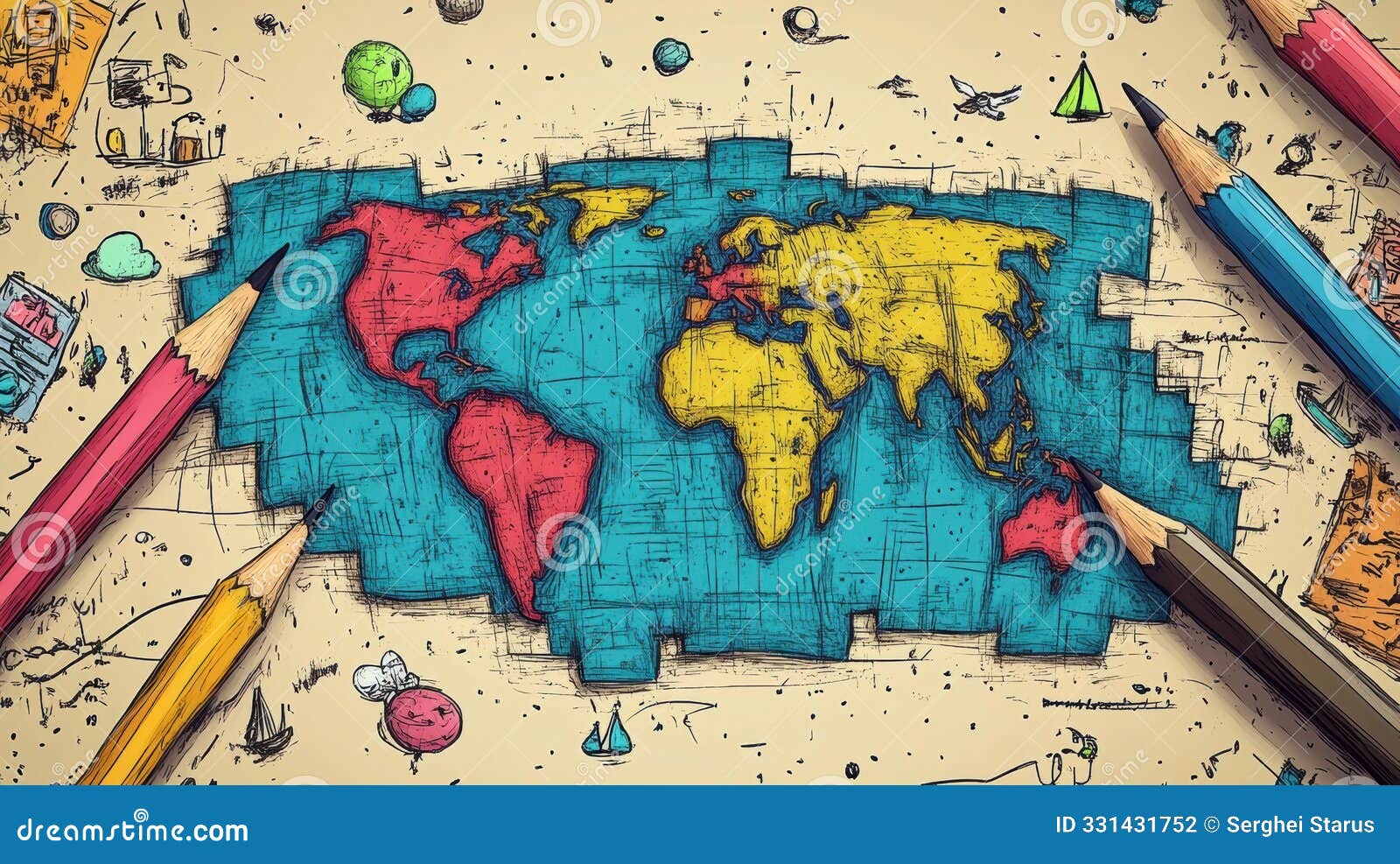 A Drawing of a World Map with Colored Pencils and Other Objects, AI ...