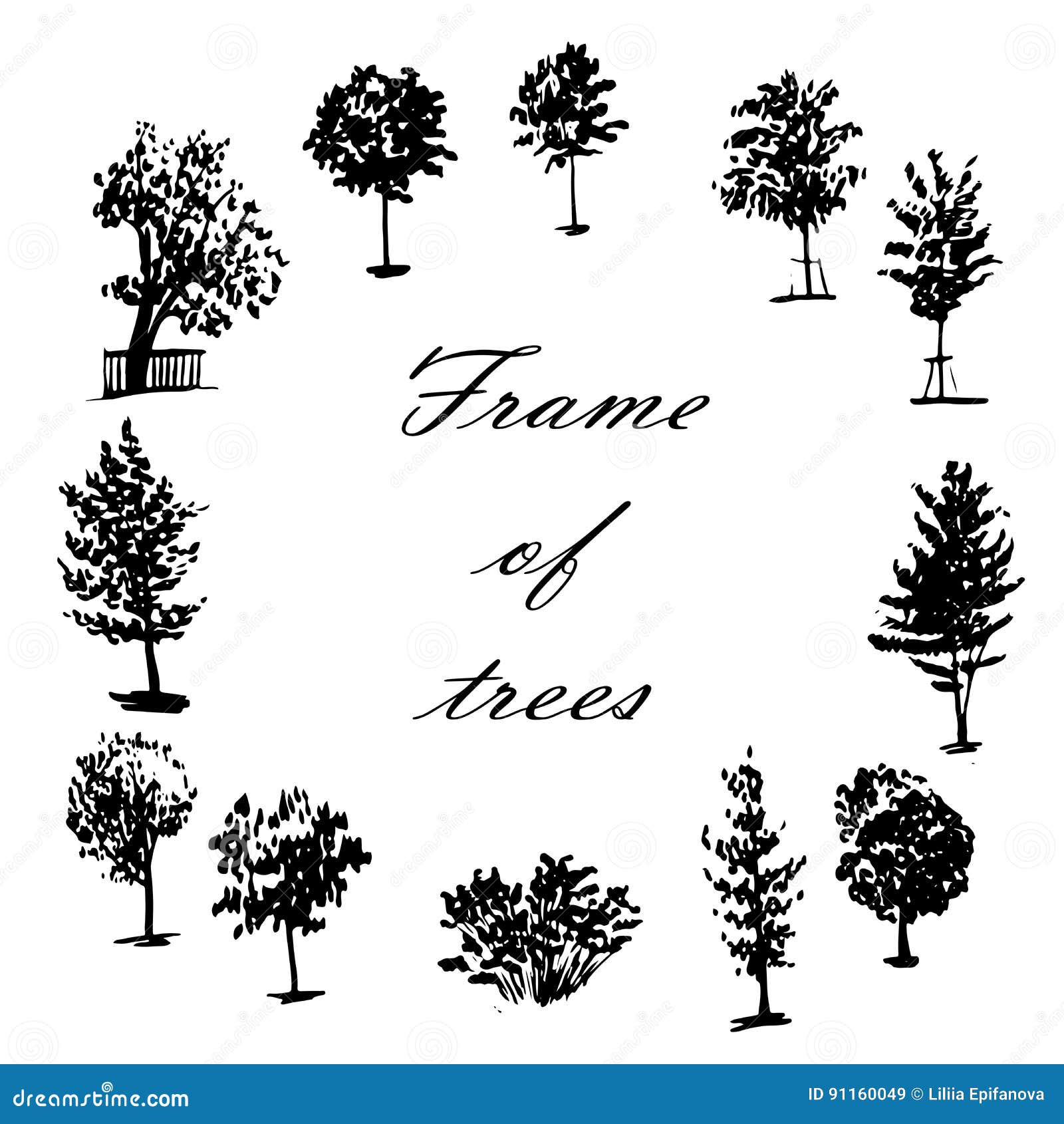 Drawing Wreath Frame Made of Trees, Hand Drawn Illustration Stock ...