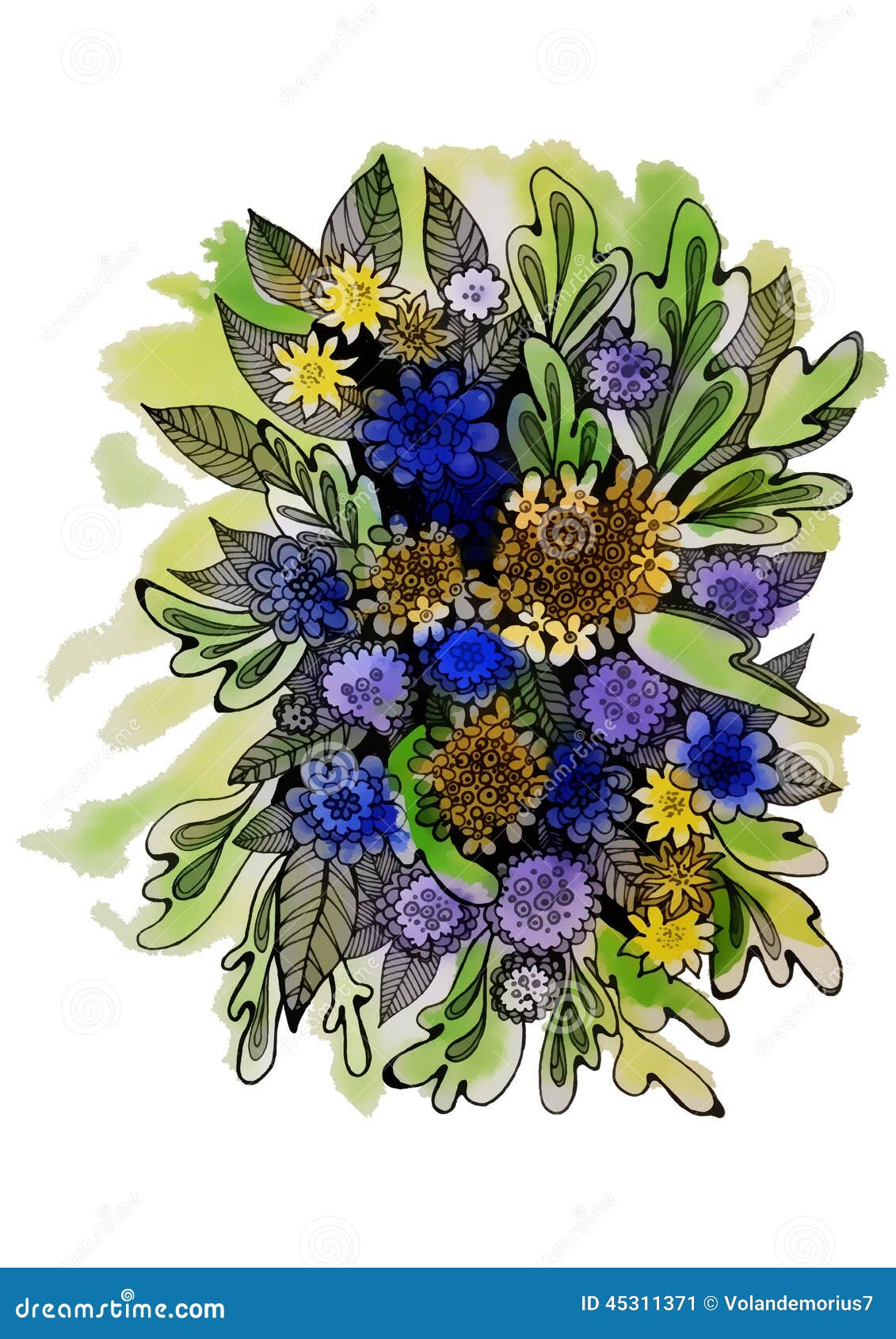 Drawing Yellow and Blue Flowers Stock Illustration - Illustration of ...