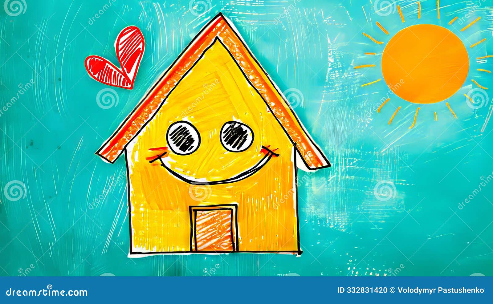 A Drawing of a Yellow House with a Smiley Face and a Red Heart Stock ...