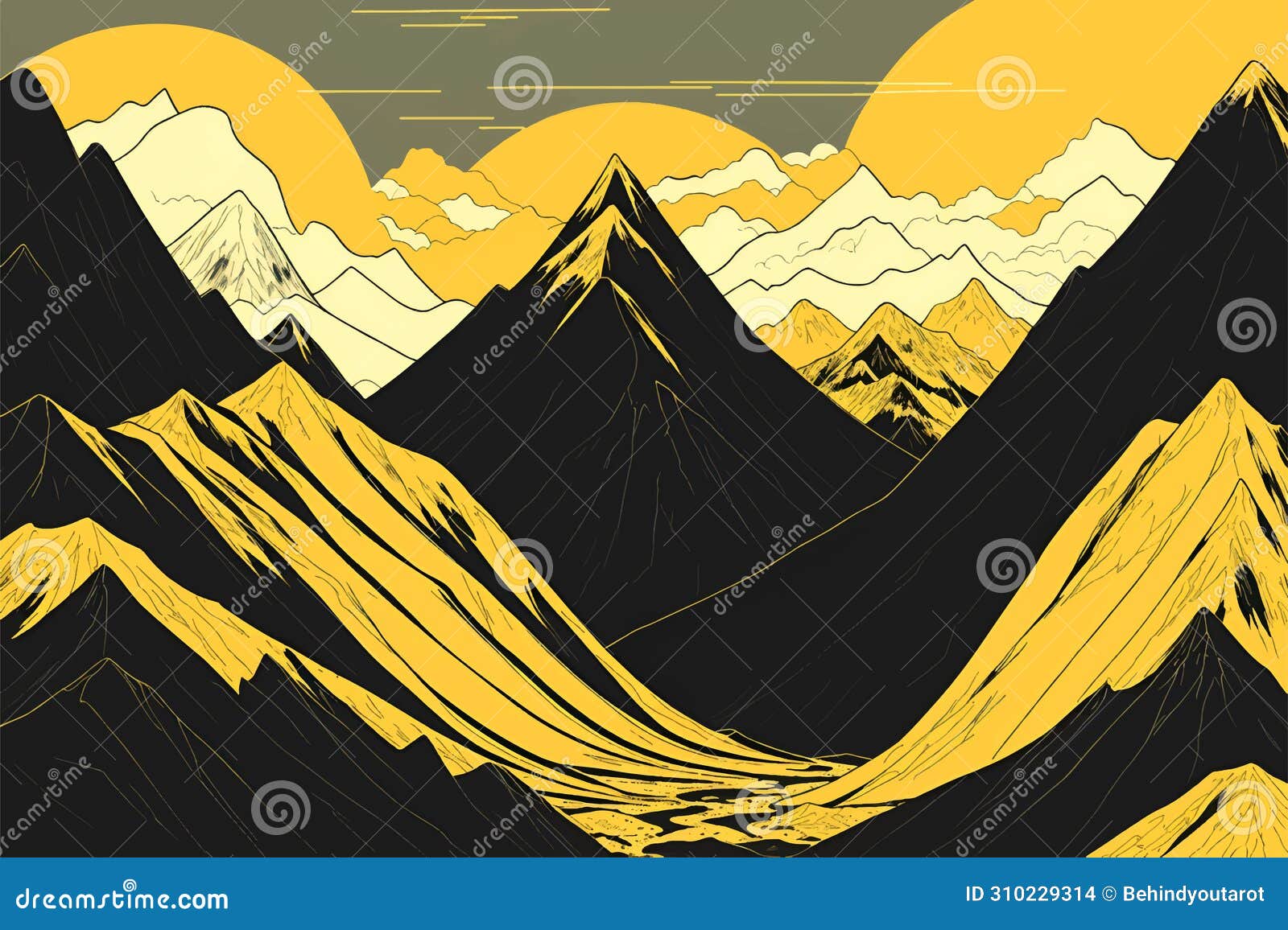 Drawing of a Yellow Snow-capped Mountain Range at Sunset Stock ... Drawing of a Yellow Snow-capped Mountain Range at Sunset Stock ...