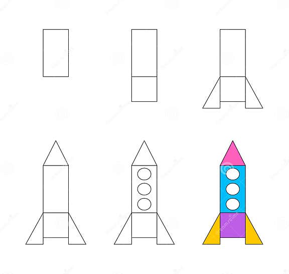 Worksheet Easy Guide To Drawing Cartoon Rocket. Stock Vector ...