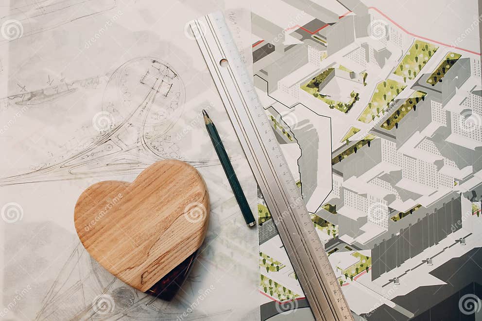 Drawings Blueprints and Layout Design Project at Office Table with ...