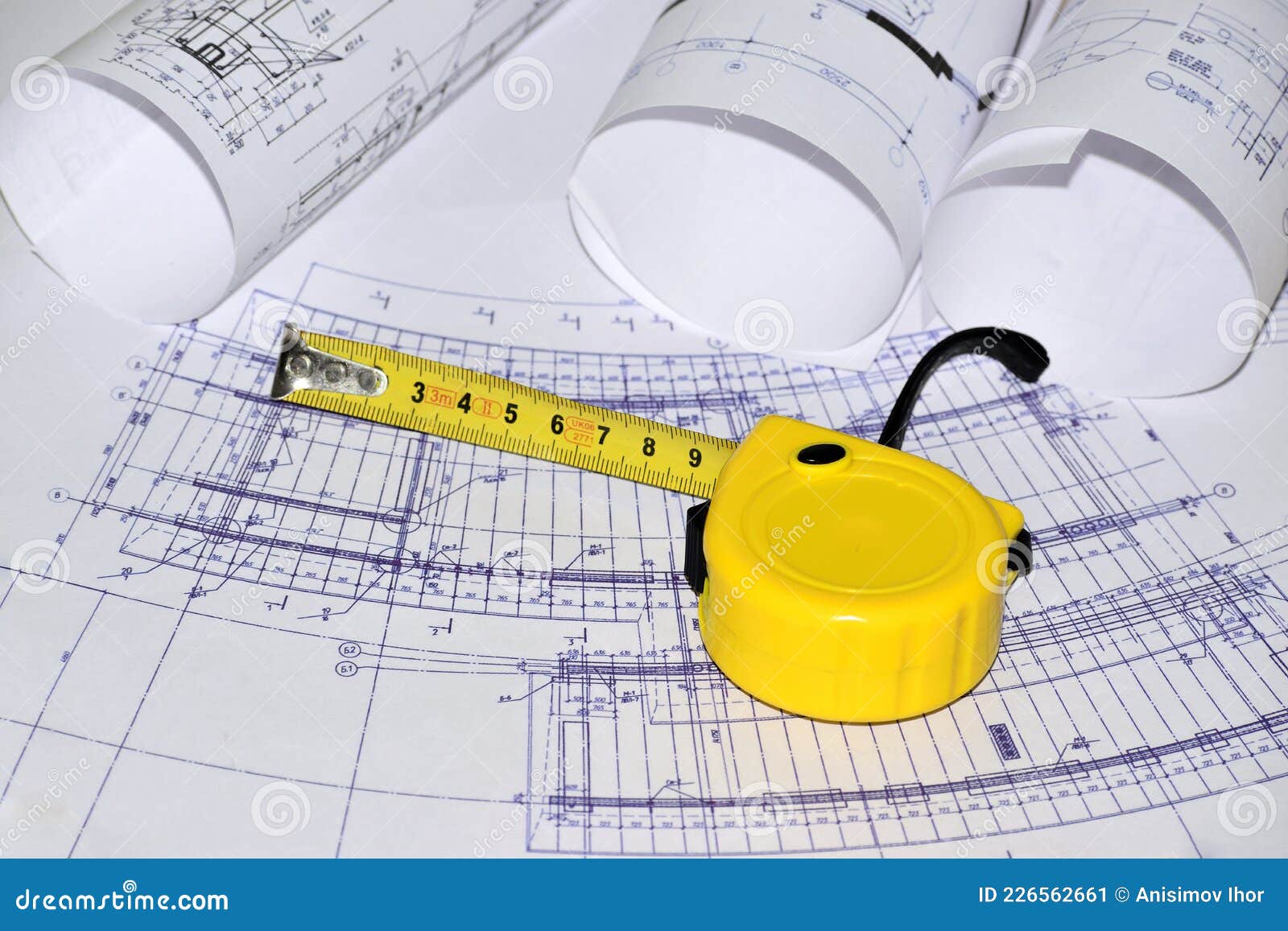 Drawings and Blueprints with Tape Measure Tool are Laid Out Throughout ...