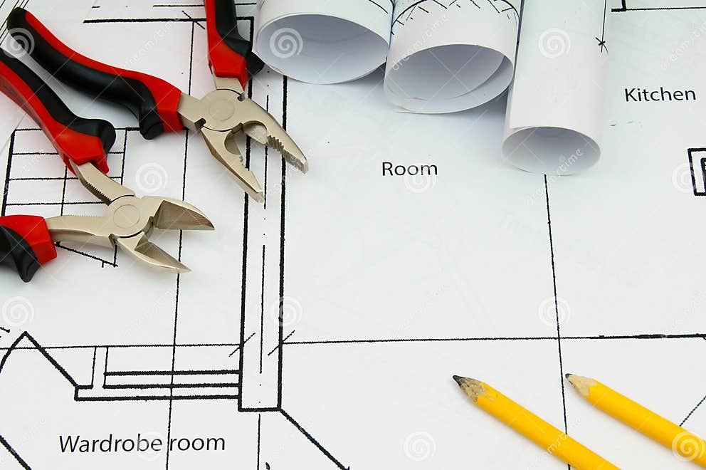 Drawings for Building House and Working Tools Stock Image - Image of ...
