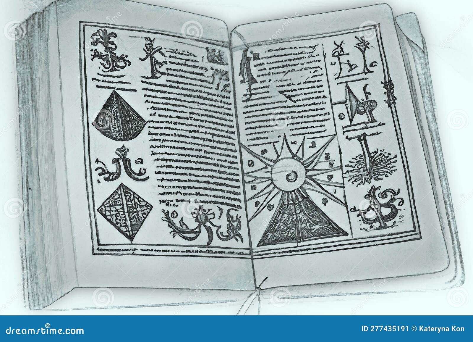 Drawings of Magic Spells and Magic Attributes in Antique Book with ...