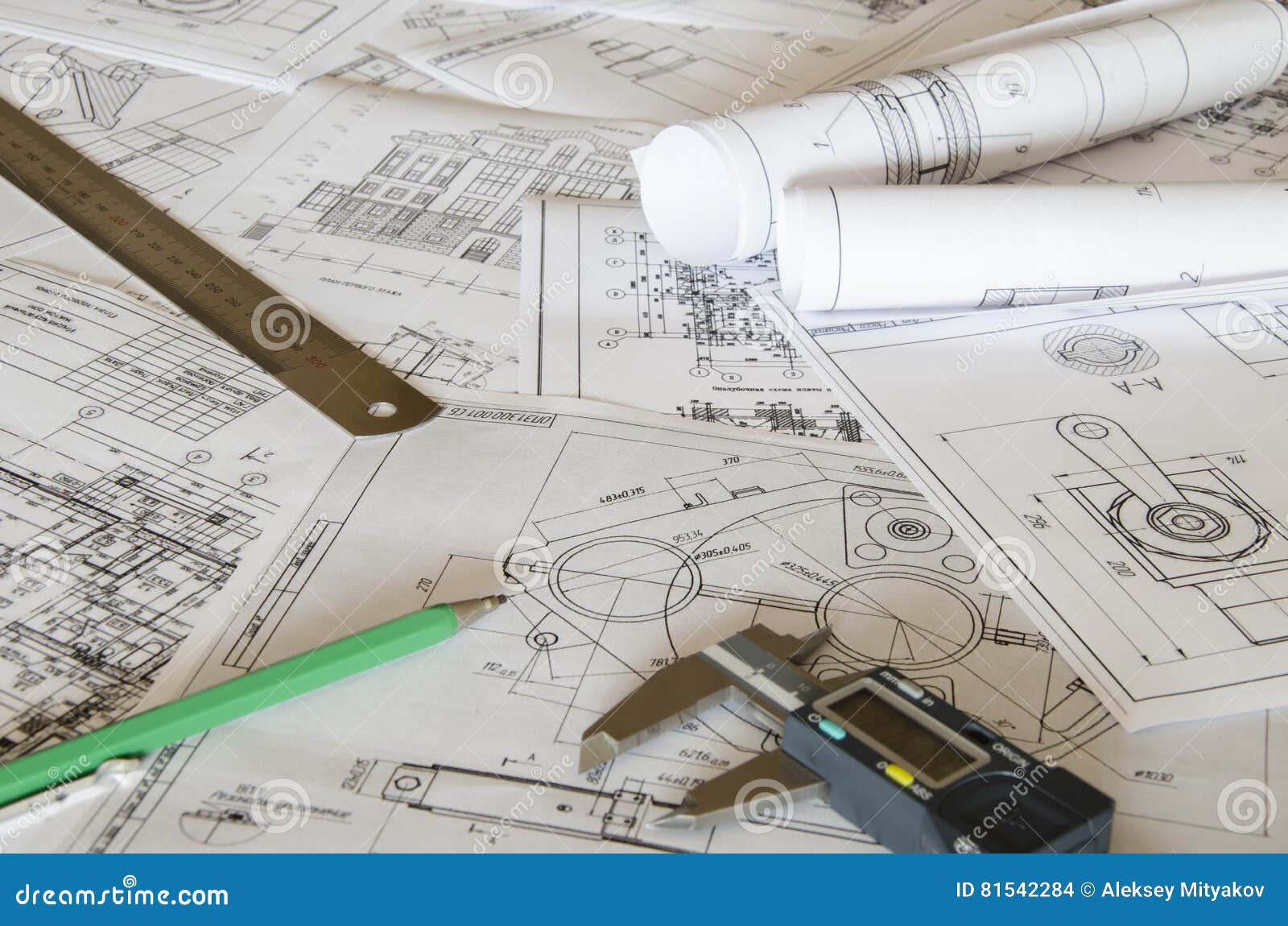 Drawings and Measuring Tools Stock Photo - Image of project, scheme ...