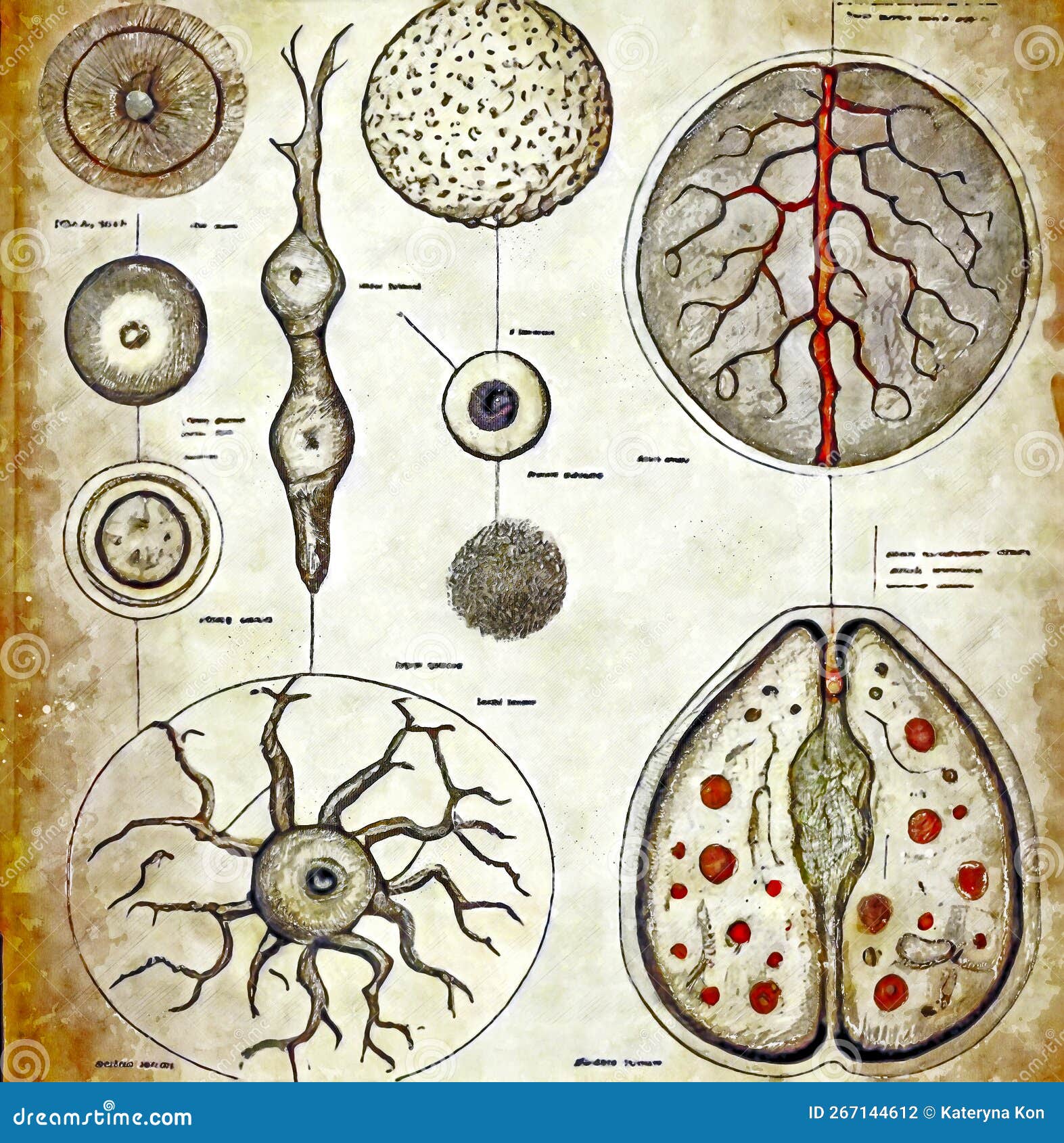 Drawings of Microbes in Antique Book with Annotations on an Abstract ...