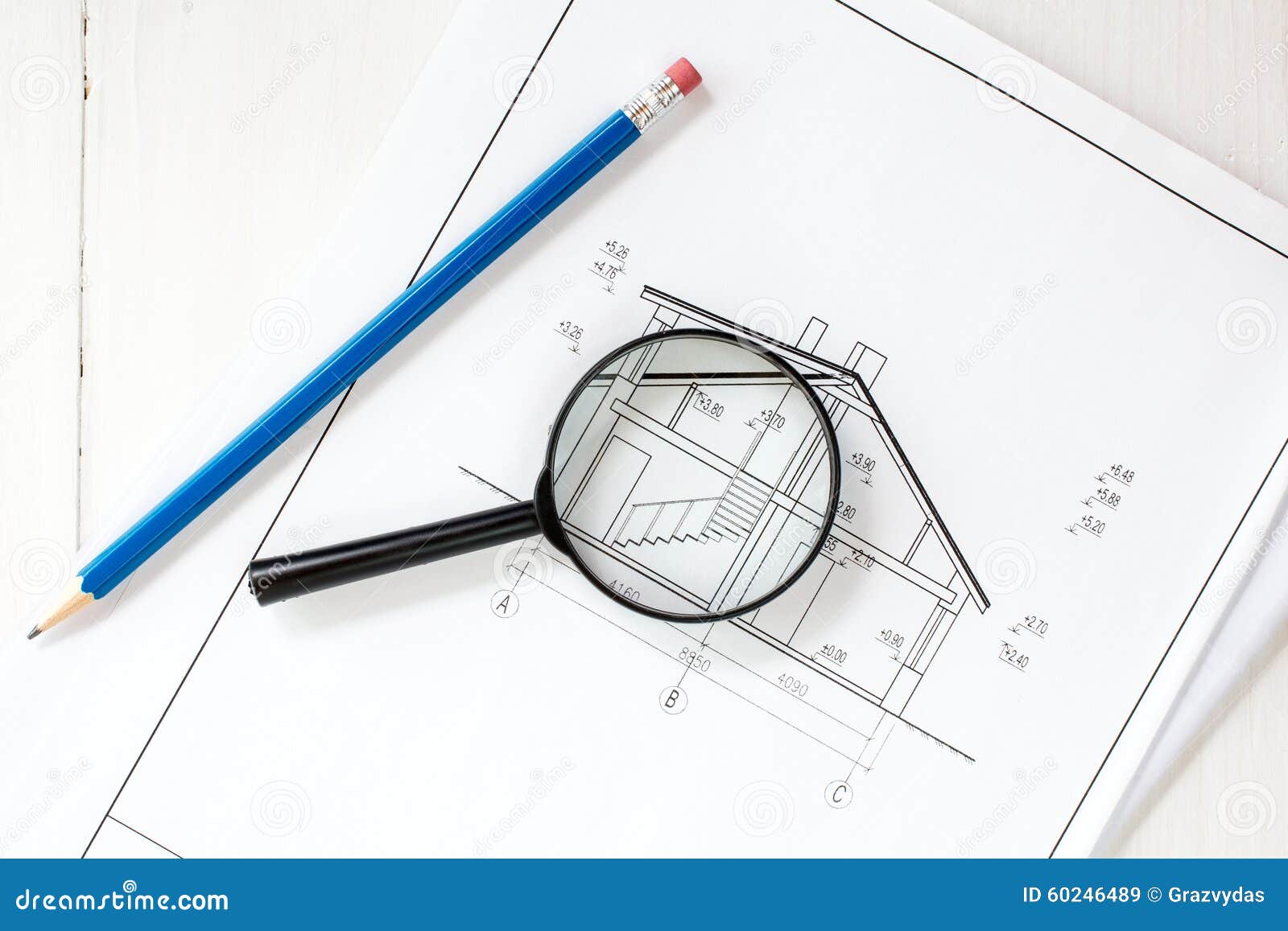 Drawings with Pencil and Magnifier Stock Image - Image of project ...