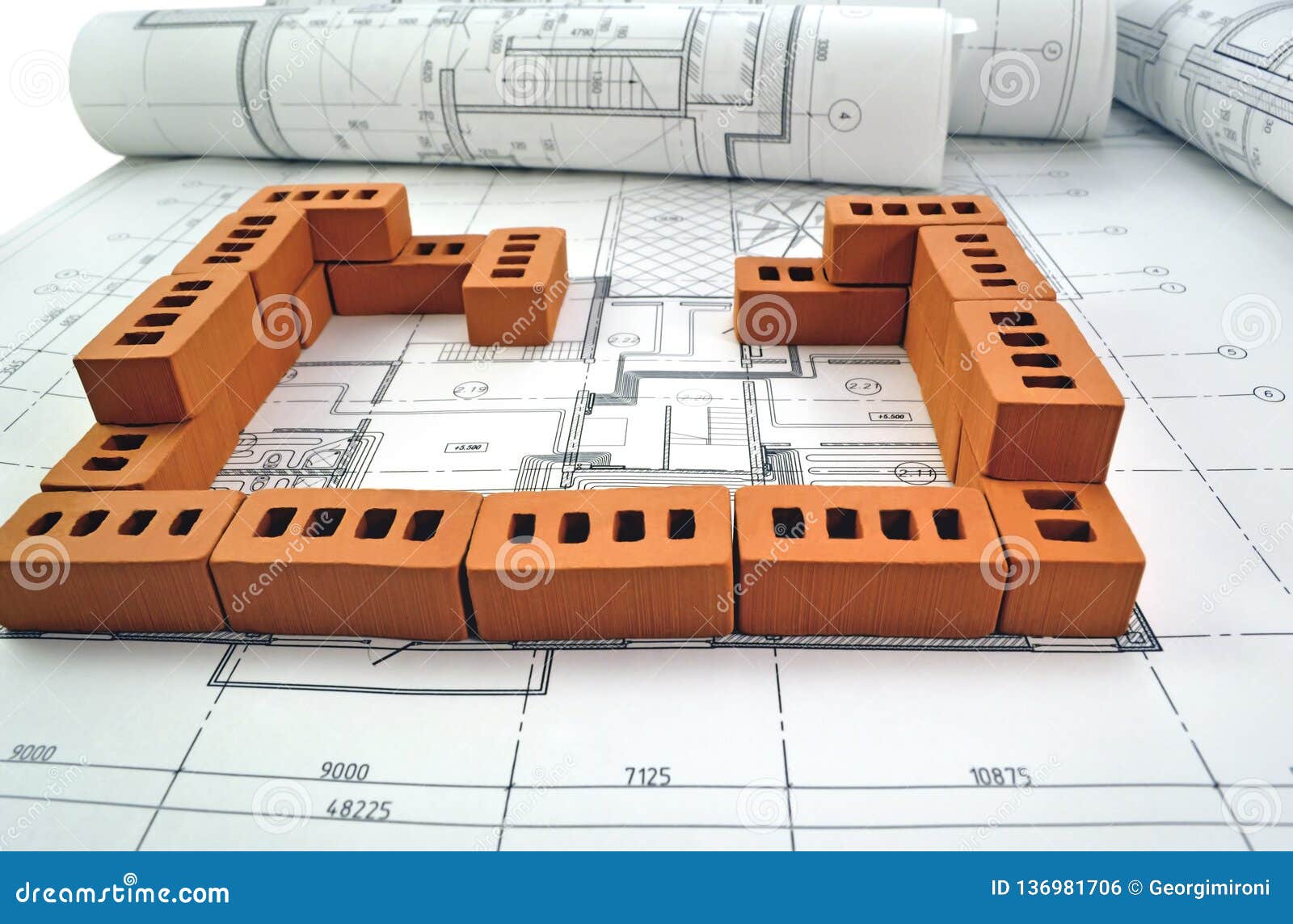 Drawings of the Project and the Bricks Stock Photo - Image of learning ...