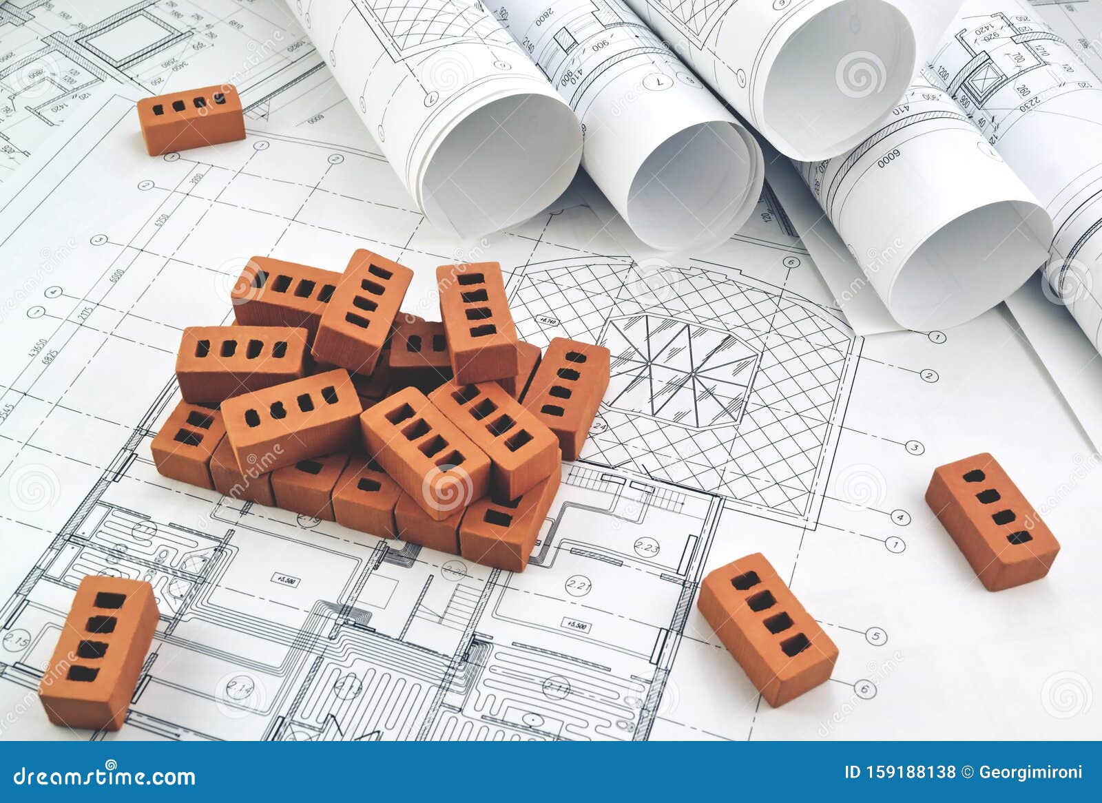 Drawings of the Project and the Bricks Stock Photo - Image of education ...