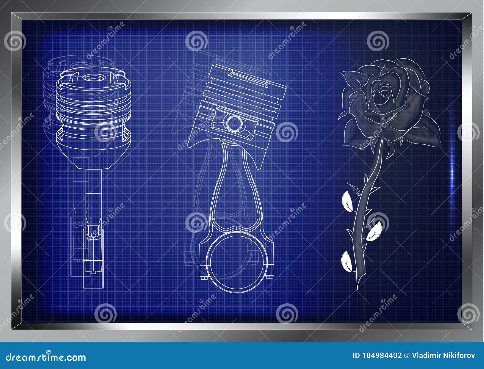 Drawings of Two Pistons and a Flower on a Blue Background Stock Vector ...