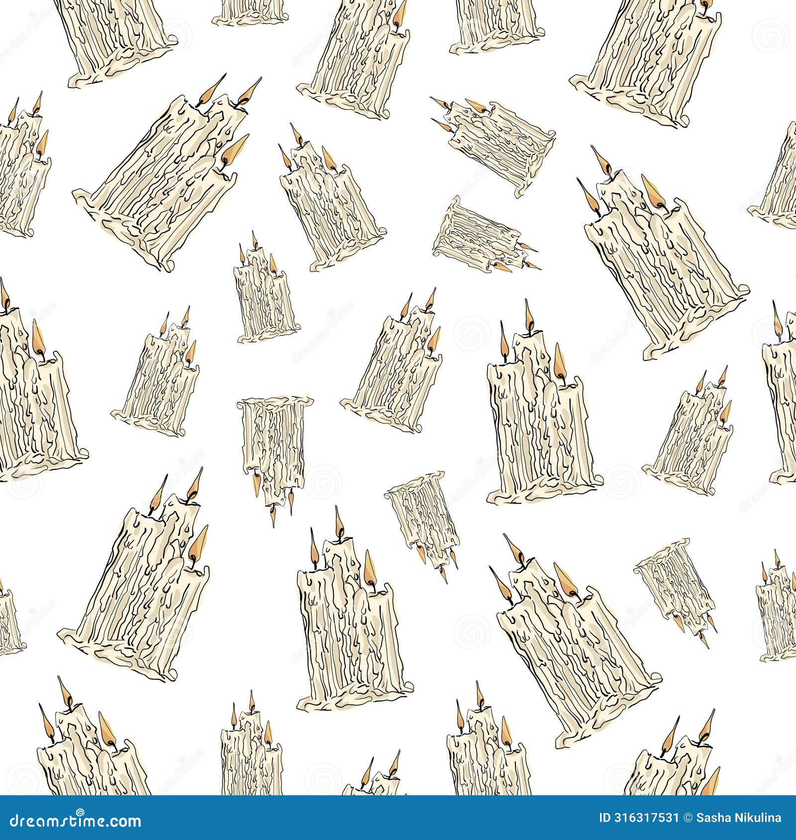 Drawn Cartoon Three Wax Candles with Melting Wax. Seamless Pattern on a ...