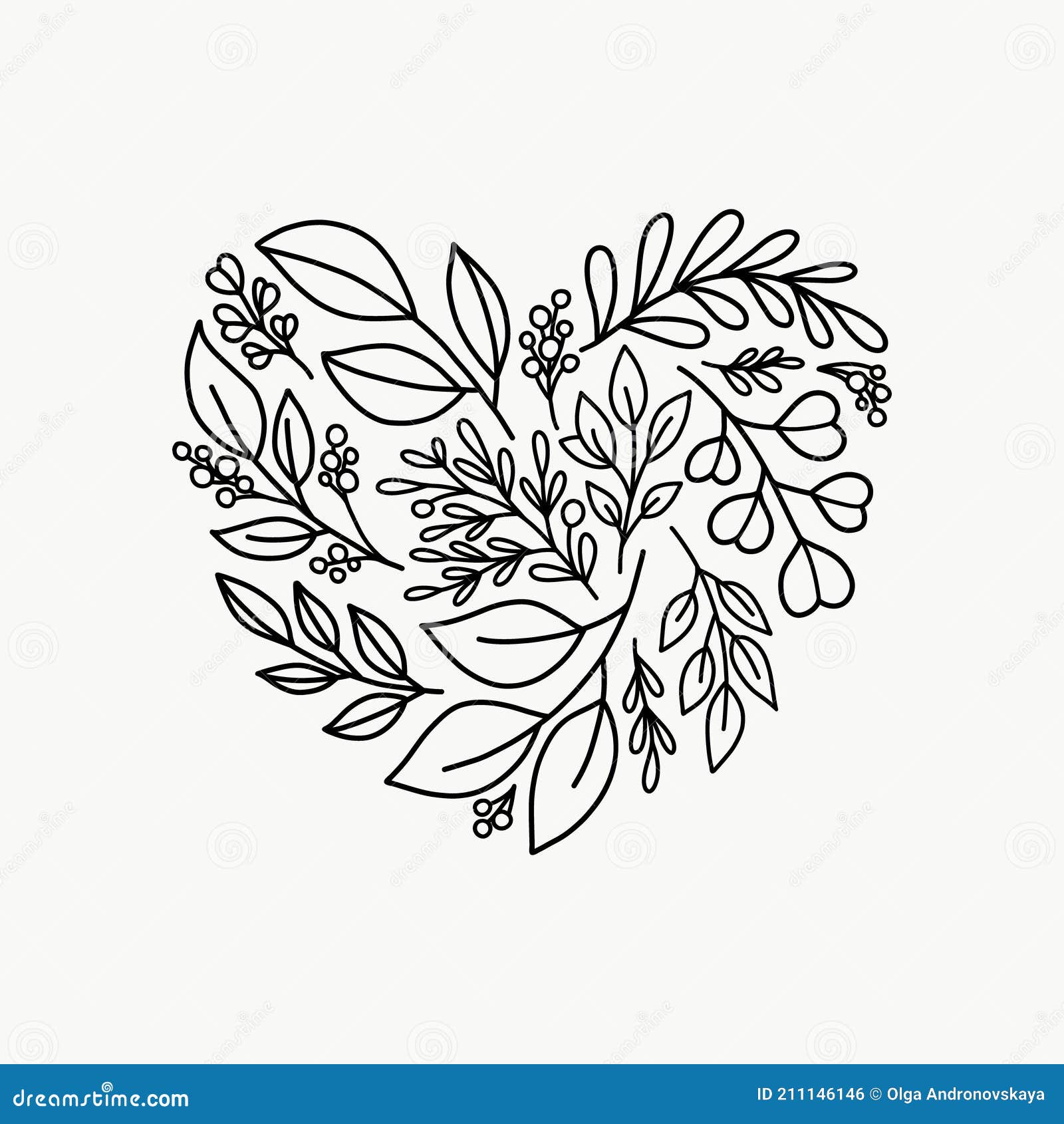 Drawn Decorative Plant Heart. Sketch of a Heart Shape Made from Leaves ...