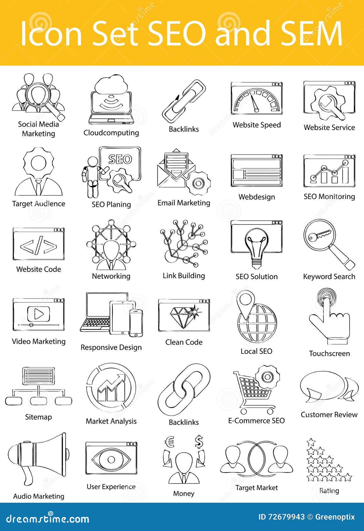 Drawn Doodle Lined Icon Set Seo And Sem Stock Vector Illustration Of