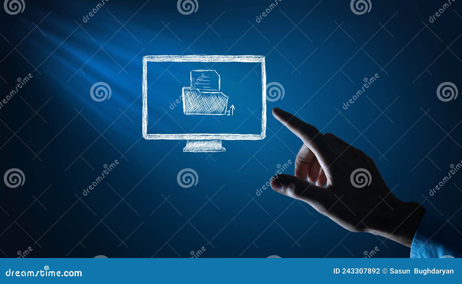 Drawn Folder with a File in the Computer. Man Presses the Screen Stock ...