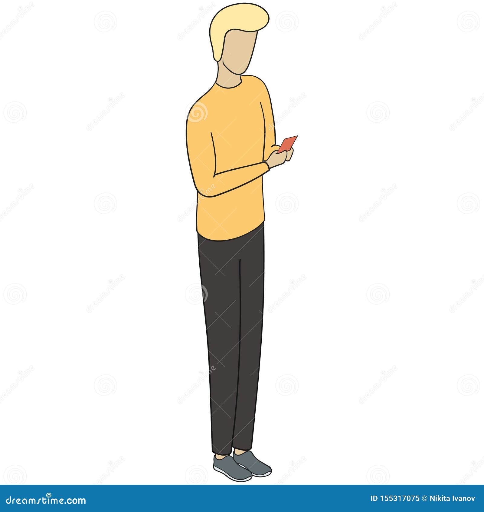 Drawn Illustration of a Man Standing and Looking at His Phone Stock ...