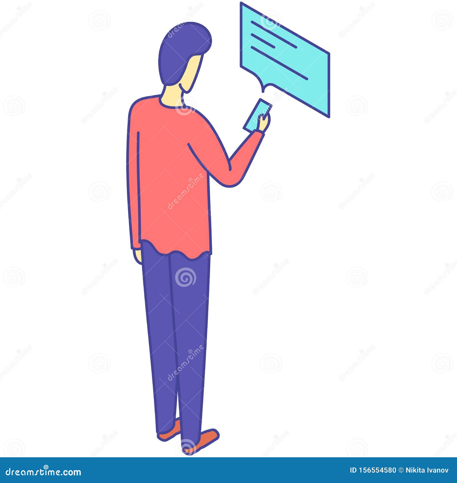 Drawn Illustration of a Man Standing, Recieving and Reading a Message ...