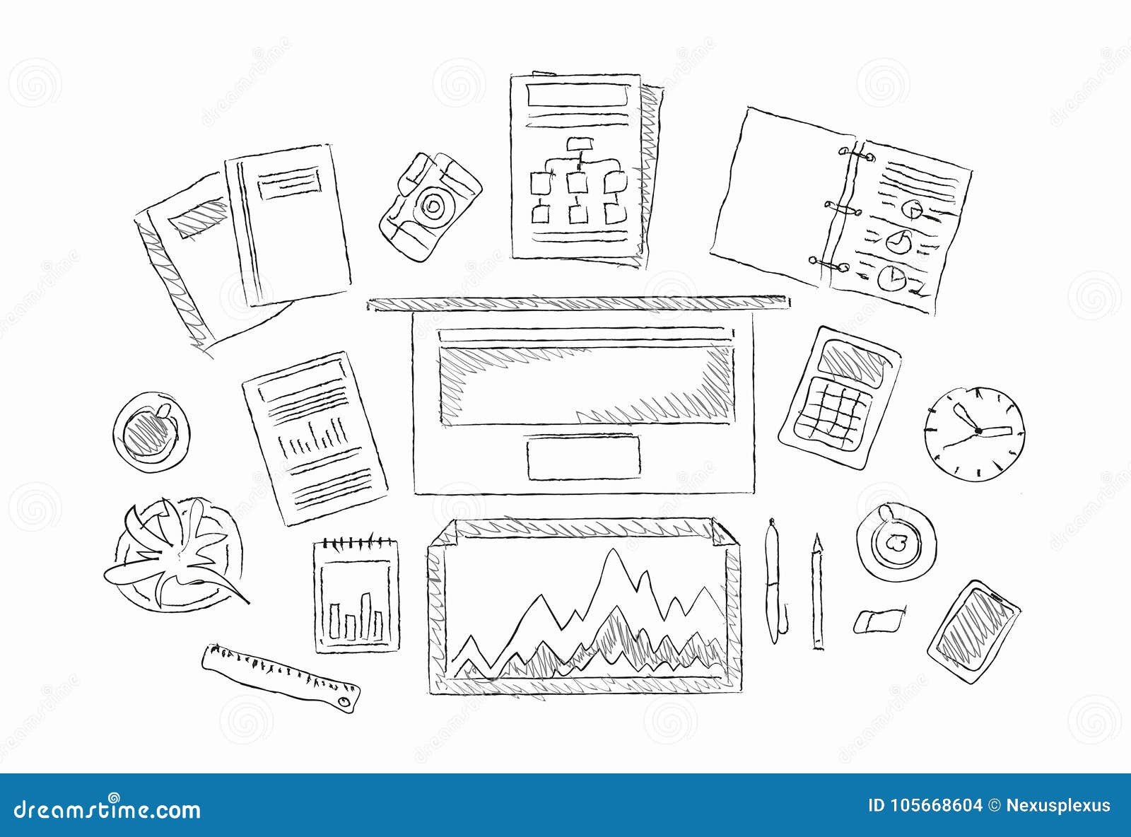Drawn Image of Work Table with Objects Stock Illustration ...