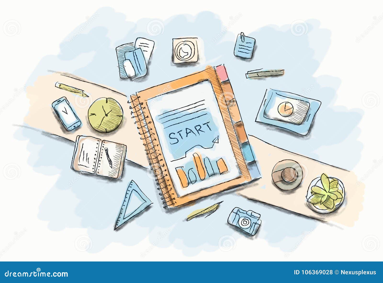 Drawn Image of Work Table with Objects Stock Illustration ...