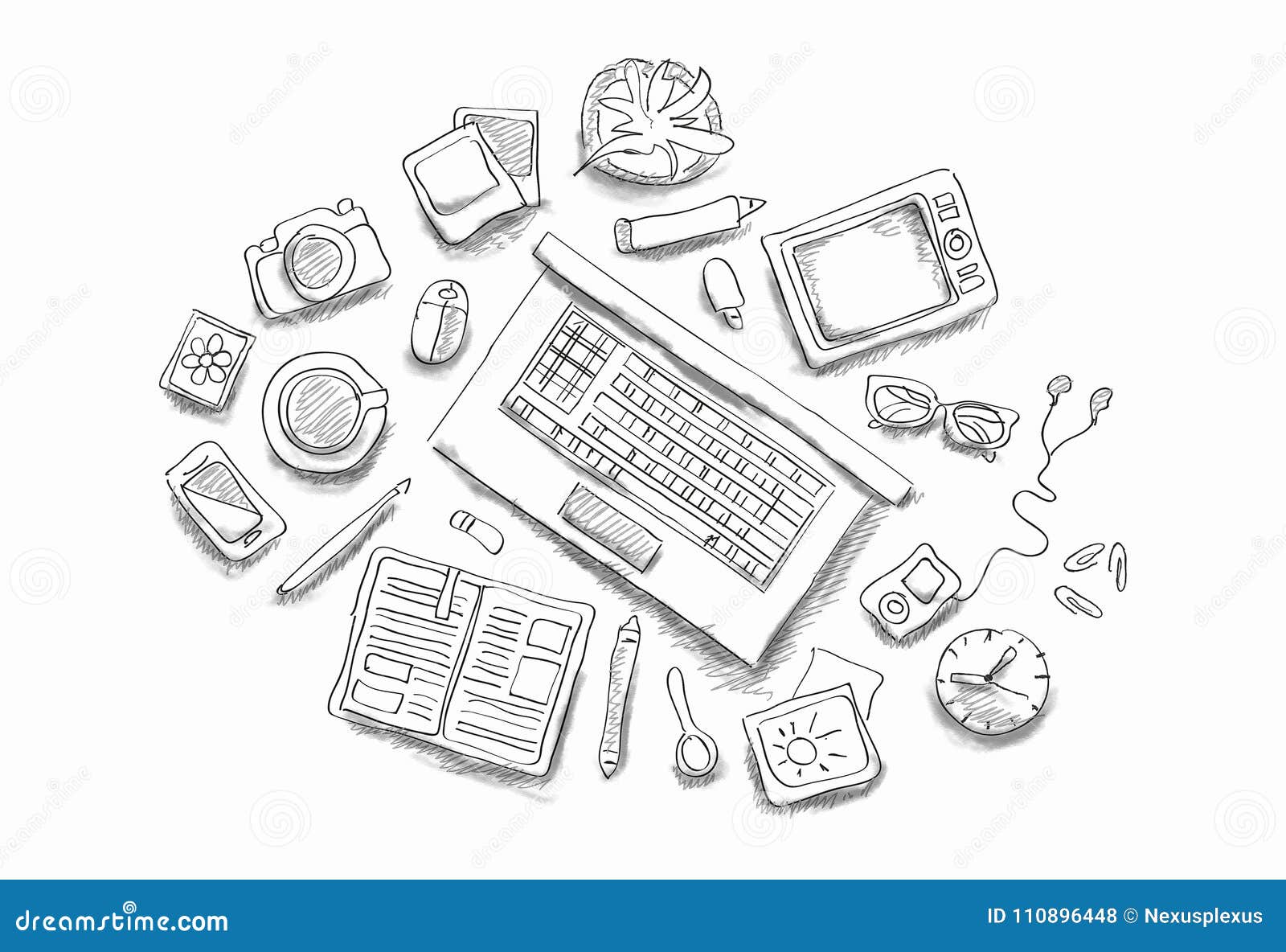 Drawn Image of Work Table with Objects Stock Illustration ...