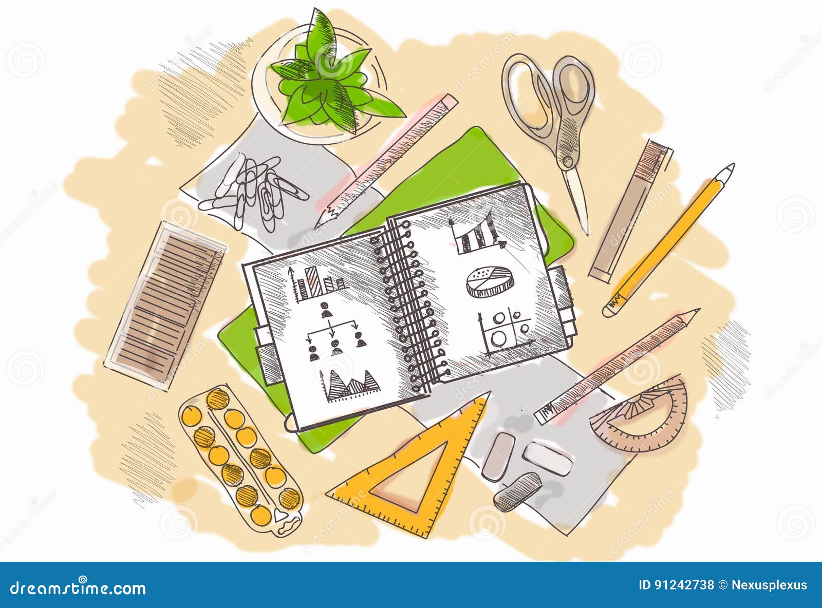 Drawn Image of Work Table with Objects Stock Illustration ...