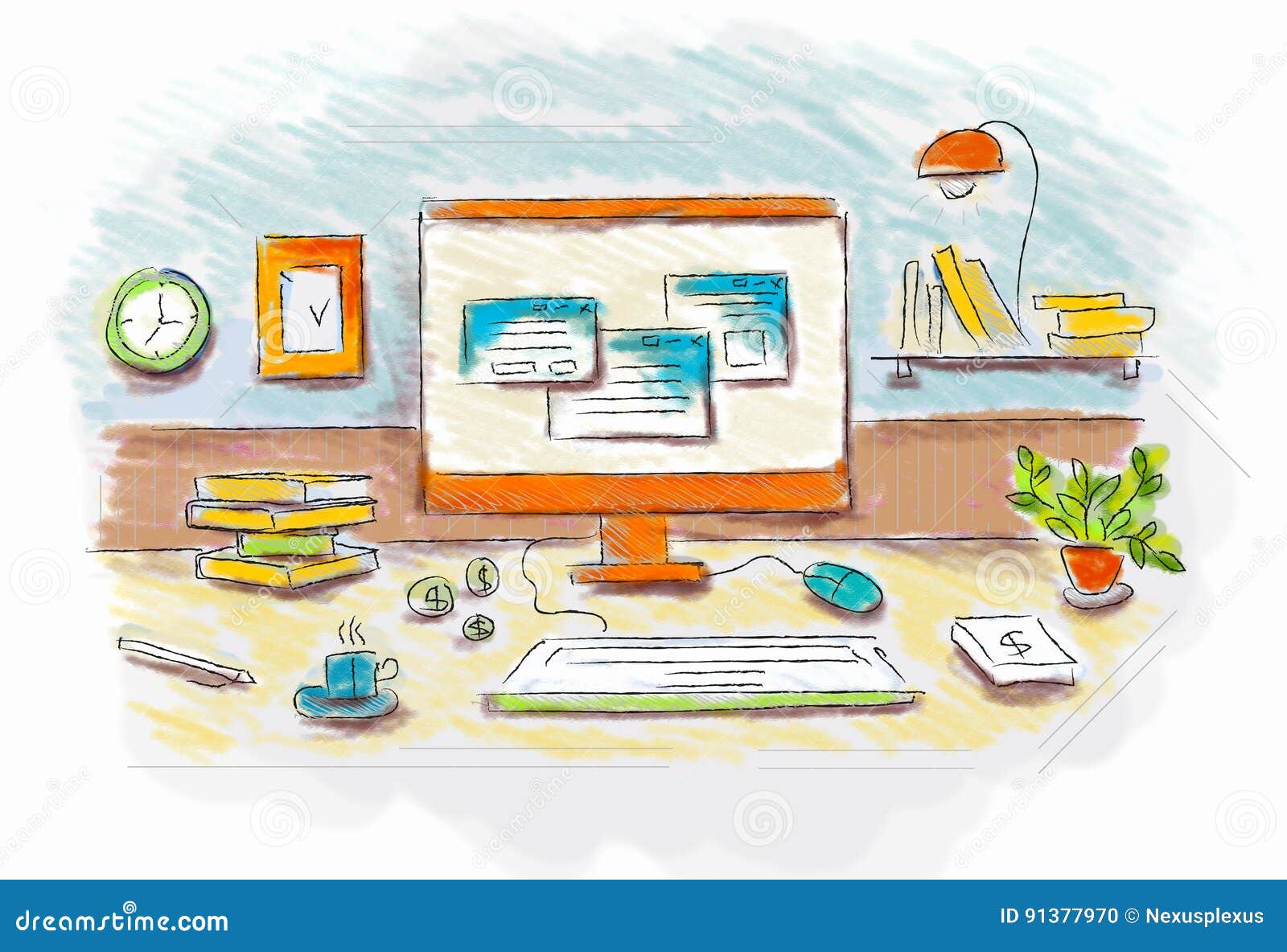 Drawn Image of Work Table with Objects Stock Illustration ...