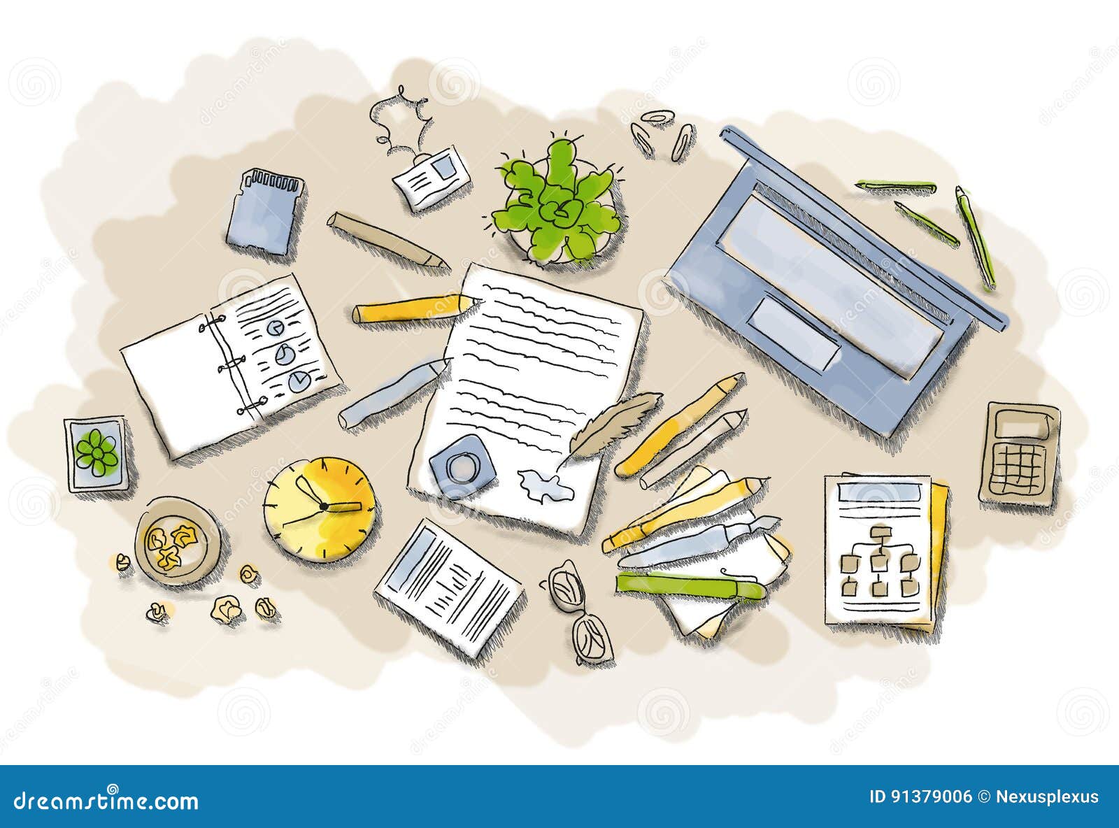 Drawn Image of Work Table with Objects Stock Illustration ...