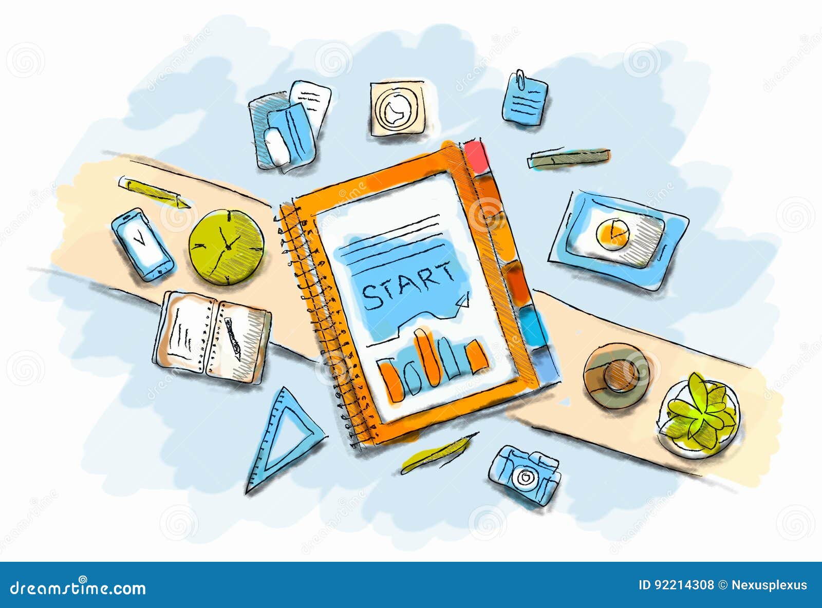 Drawn Image of Work Table with Objects Stock Illustration ...