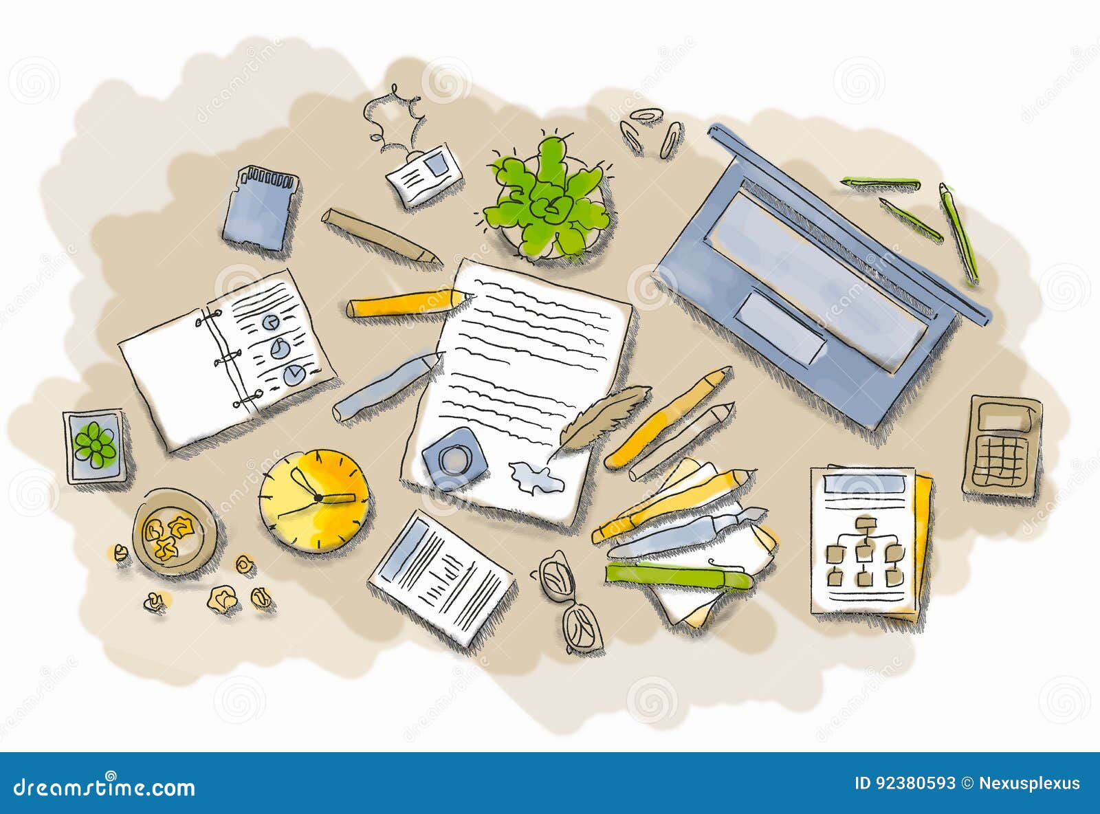 Drawn Image of Work Table with Objects Stock Illustration ...