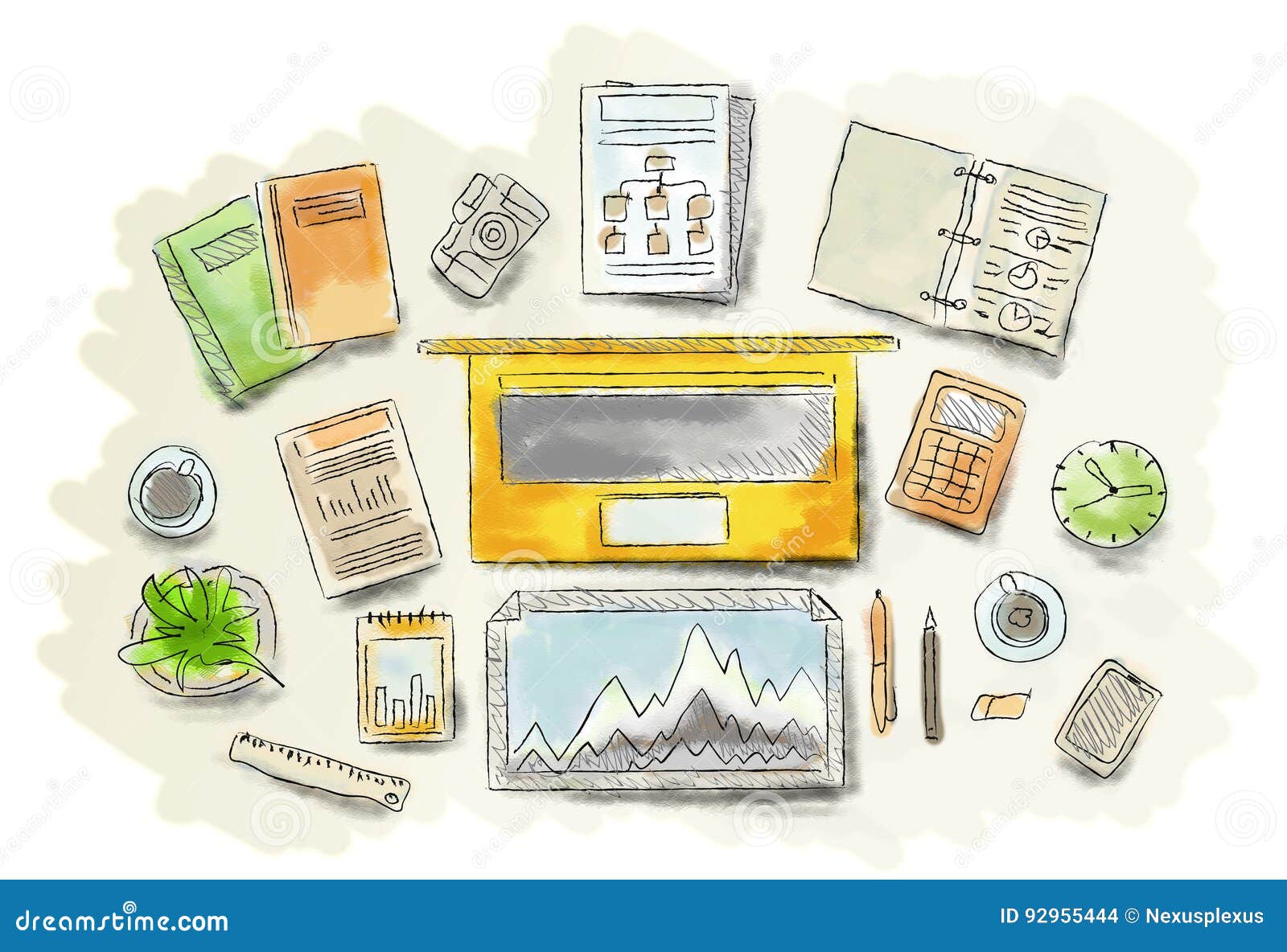 Drawn Image of Work Table with Objects Stock Illustration ...