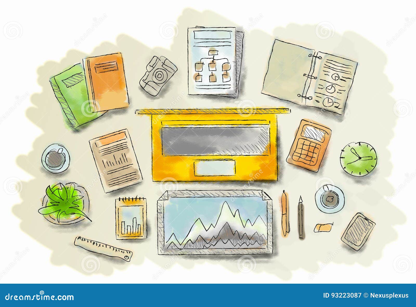 Drawn Image of Work Table with Objects Stock Illustration ...