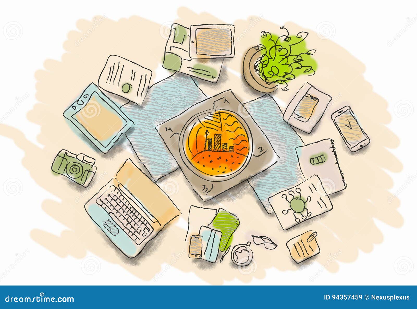 Drawn Image of Work Table with Objects Stock Illustration ...