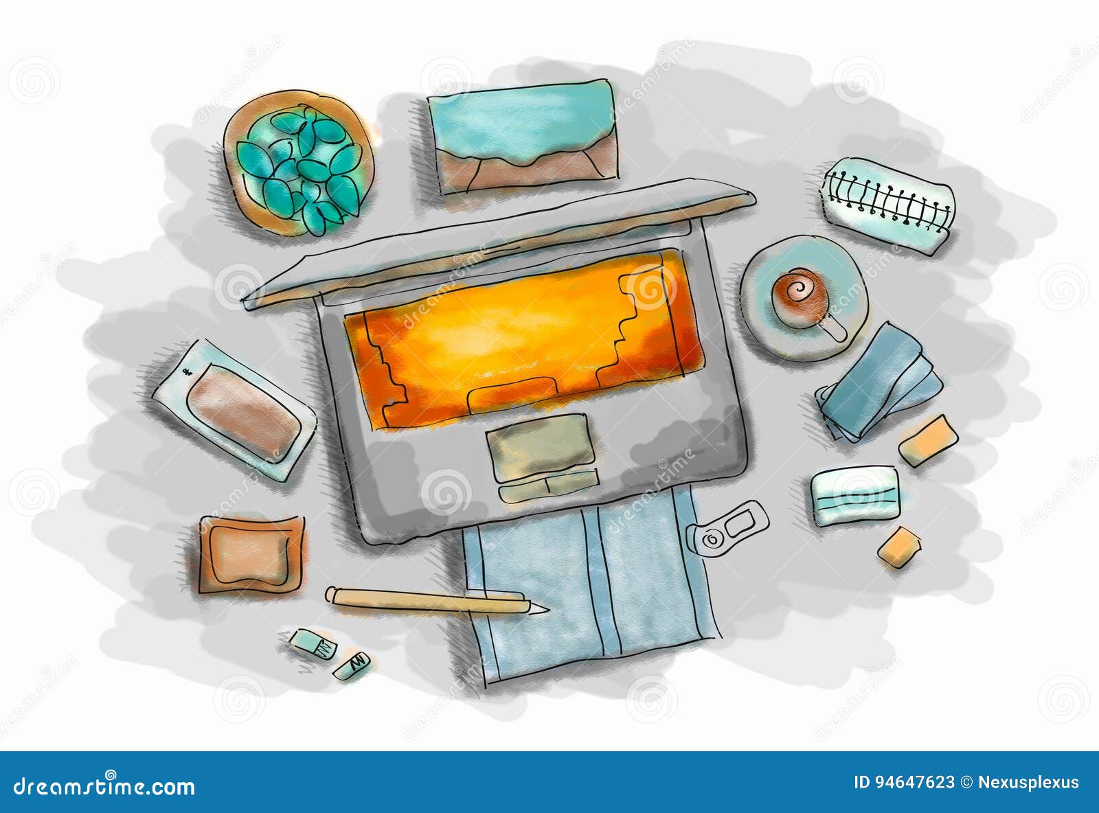 Drawn Image of Work Table with Objects Stock Illustration ...