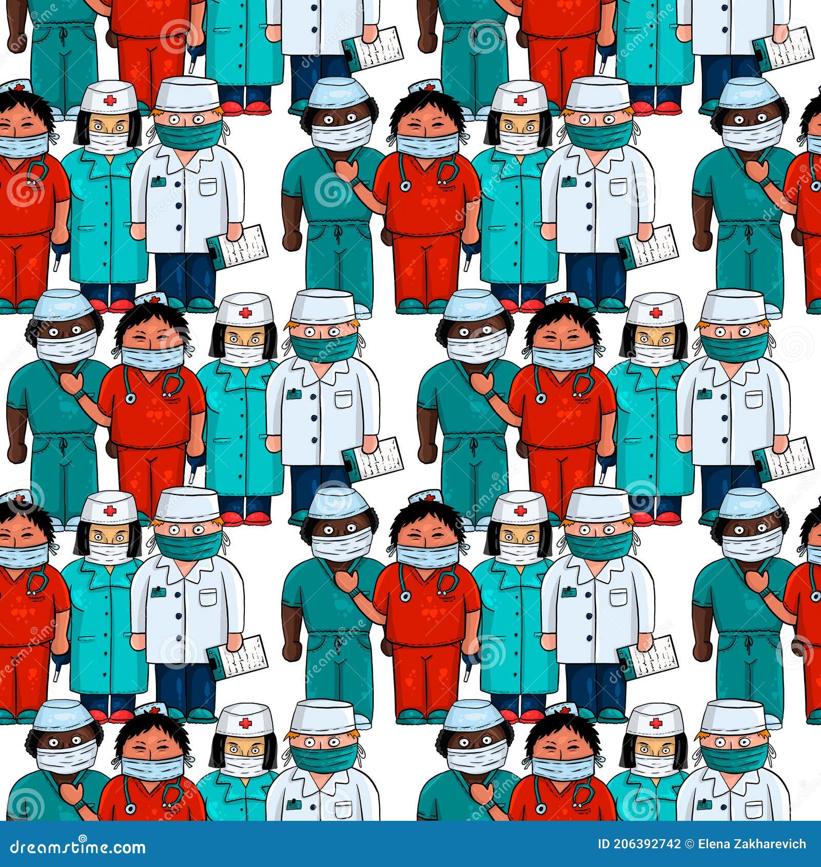 Drawn Medical Cartoon Seamless Pattern: Many Doctors Stock Illustration ...