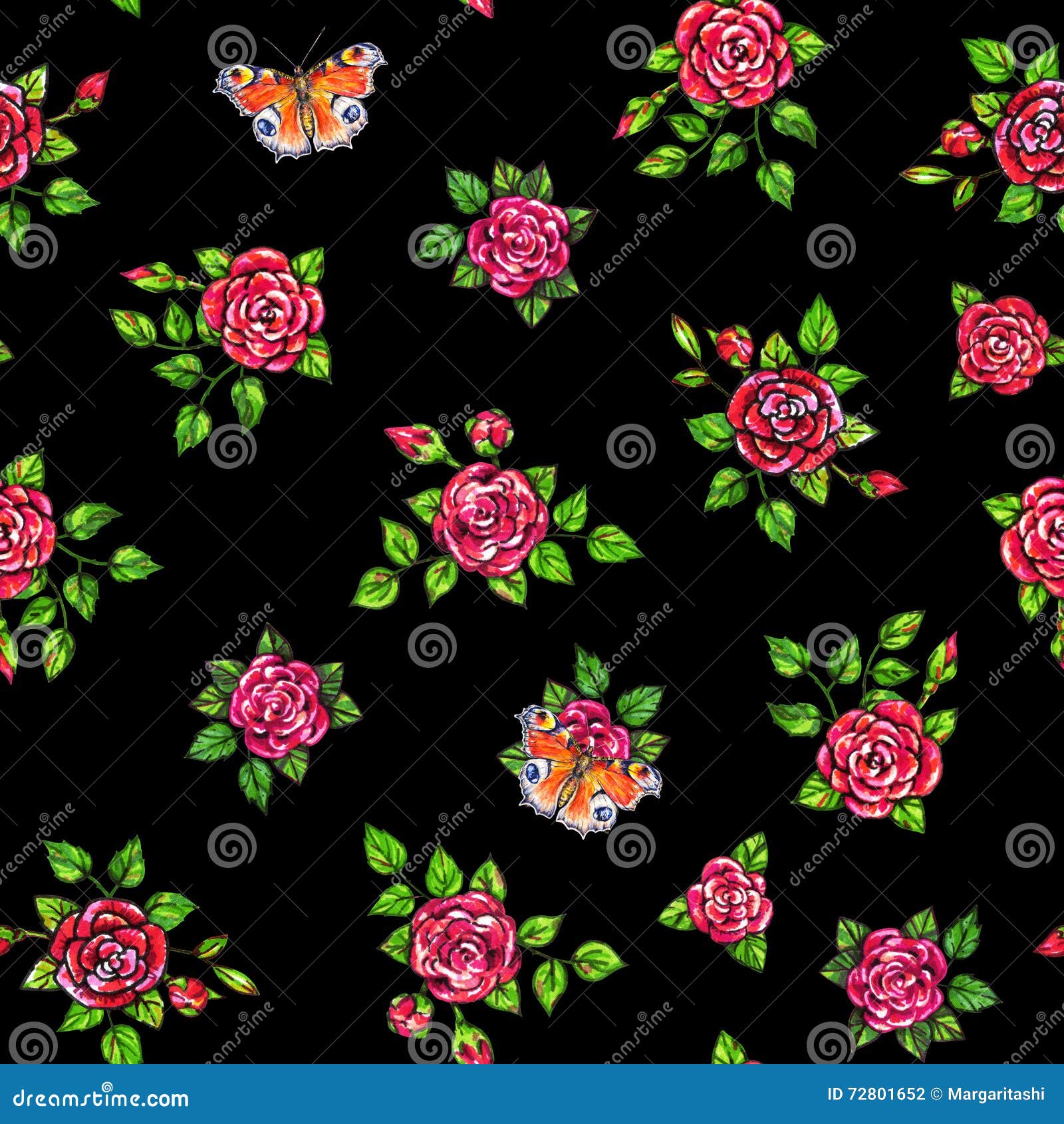 Drawn Red Roses With Peacock Butterflies Seamless Background Flowers Illustration Front View