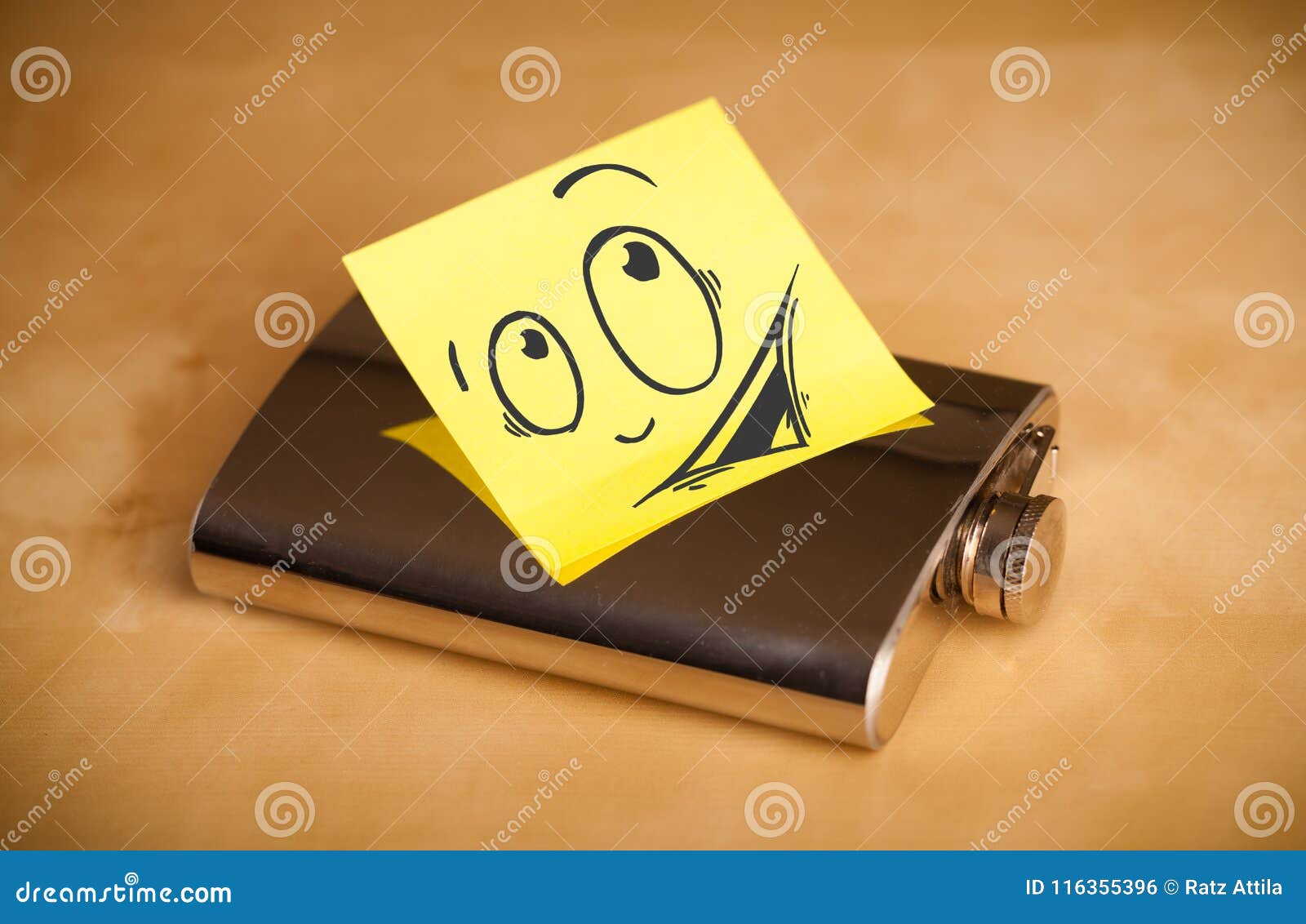Post-it Note with Smiley Face Sticked on Hip Flask Stock Photo - Image ...