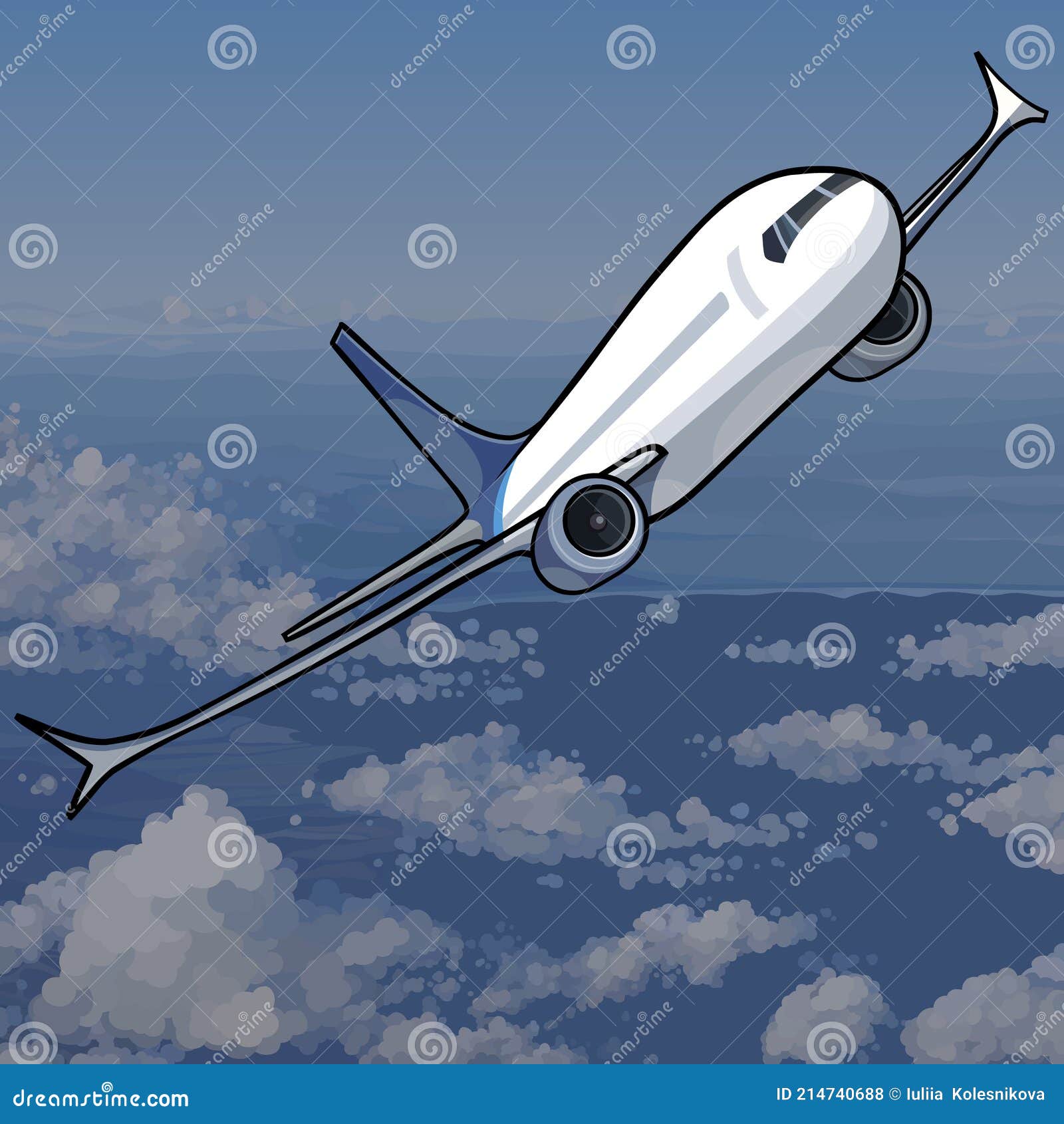 Drawn White Plane Flies Above the Clouds on a Grayish Blue Background ...