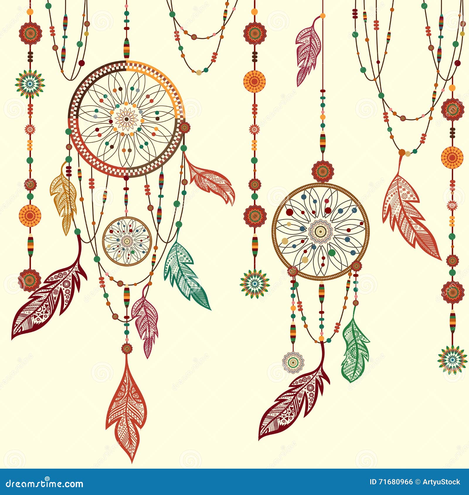 Dream Catcher Feathers, Beads, Cobweb. Stock Vector - Illustration of ...