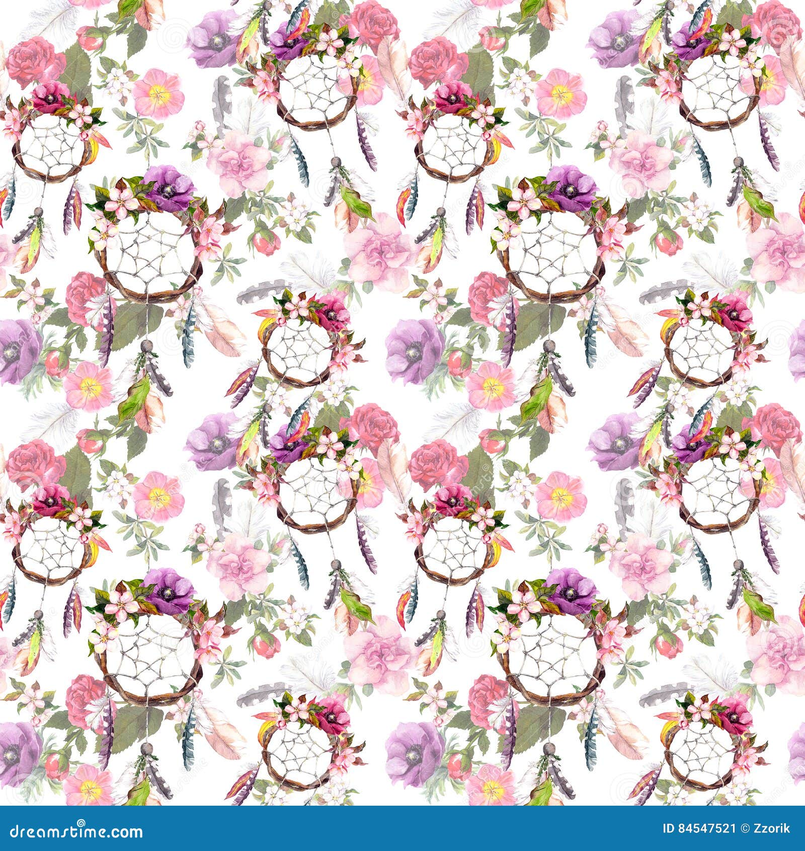 Dream Catcher, Flowers, Feathers. Seamless Pattern. Watercolor Stock ...