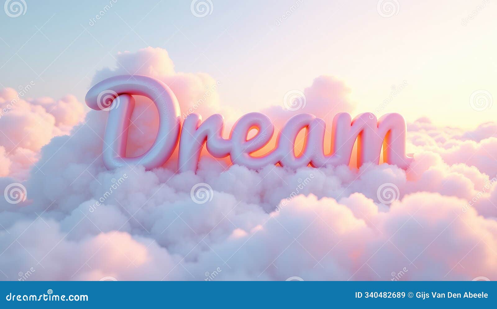 DREAM in 3D Cursive Font Made of Fluffy Clouds and Rainbows Set in a ...