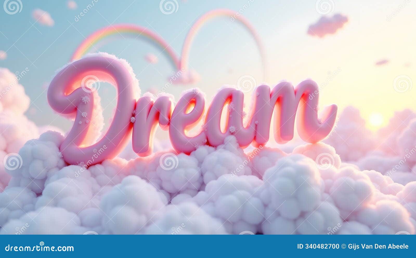 DREAM in 3D Cursive Font Made of Fluffy Clouds and Rainbows Set in a ...