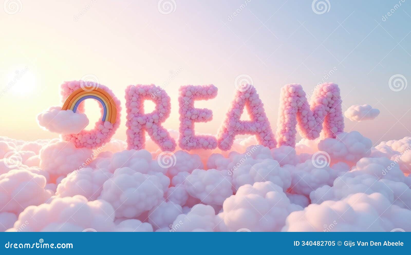 DREAM in 3D Cursive Font Made of Fluffy Clouds and Rainbows Set in a ...