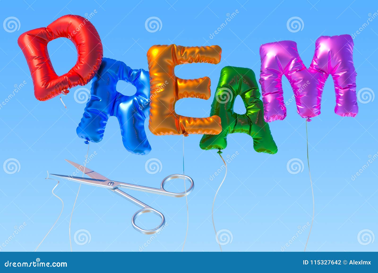 Dream from Foil Balloons with Cutting Scissors on the Blue Sky, Stock ...