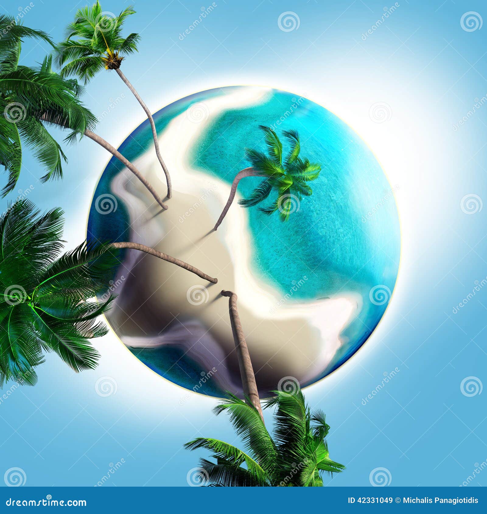 Dream Planet with Coconut Trees and Sandy Beach Stock Illustration ...