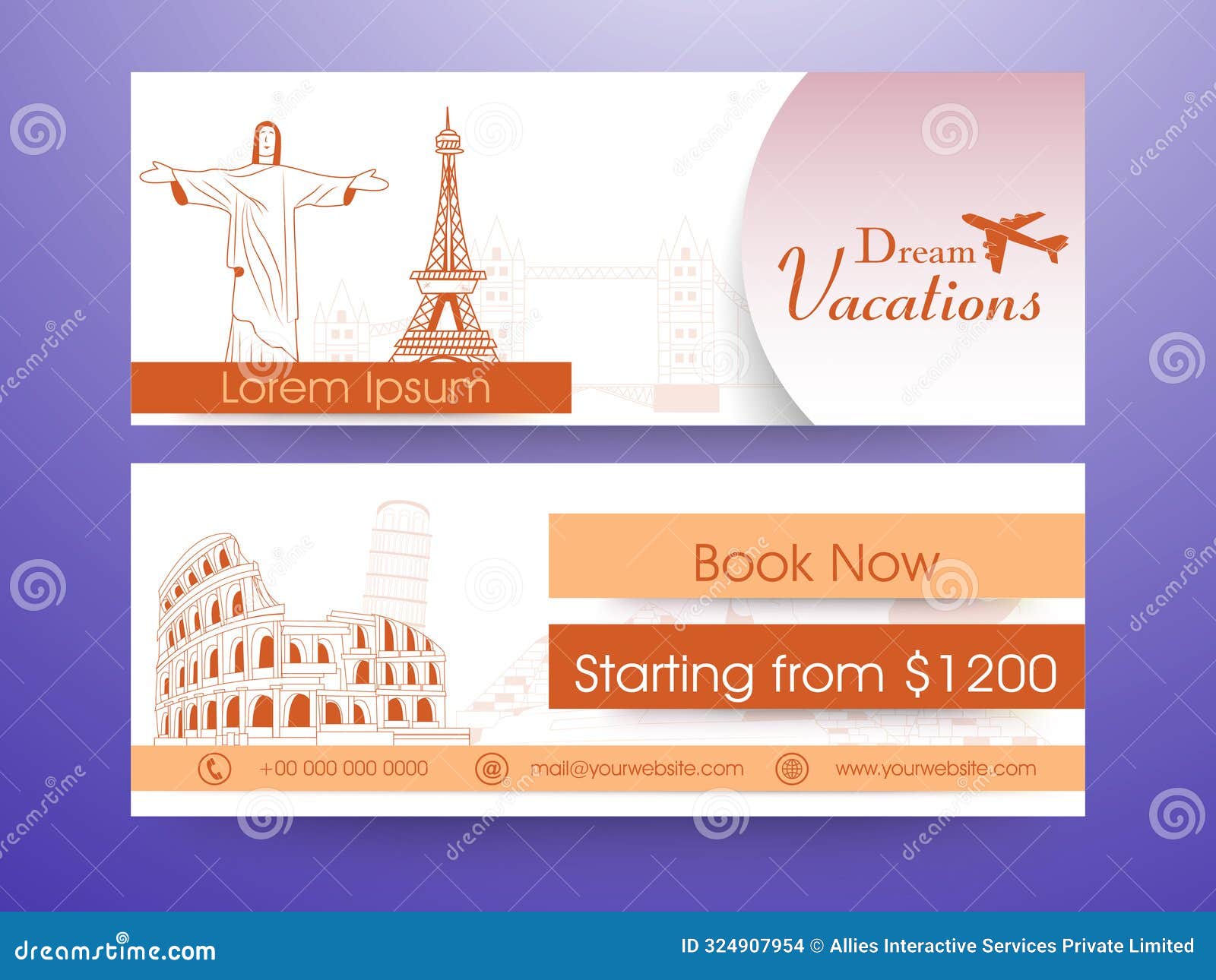 Dream Vacation Banner or Header Design with World S Famous Landmarks in ...